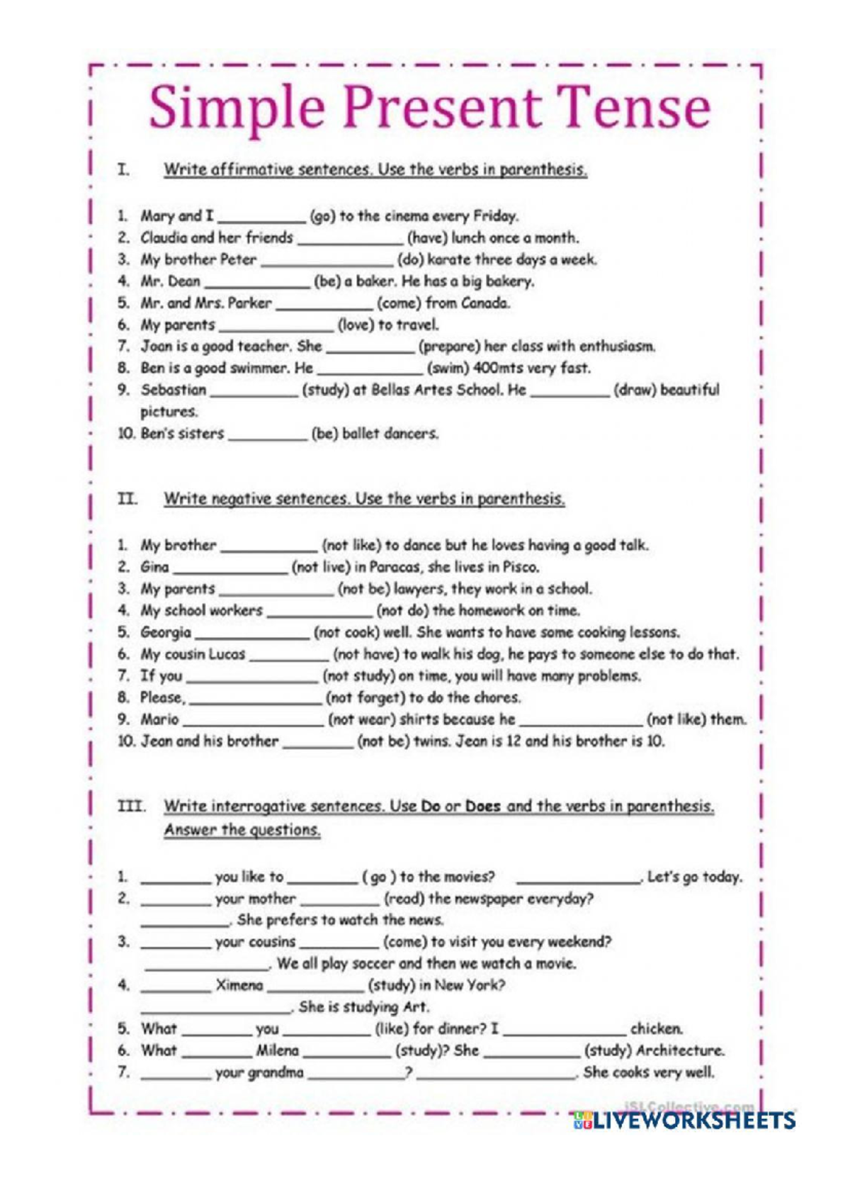 Present Simple Tense Exercises - Affirmative, Negative, Interrogative ...