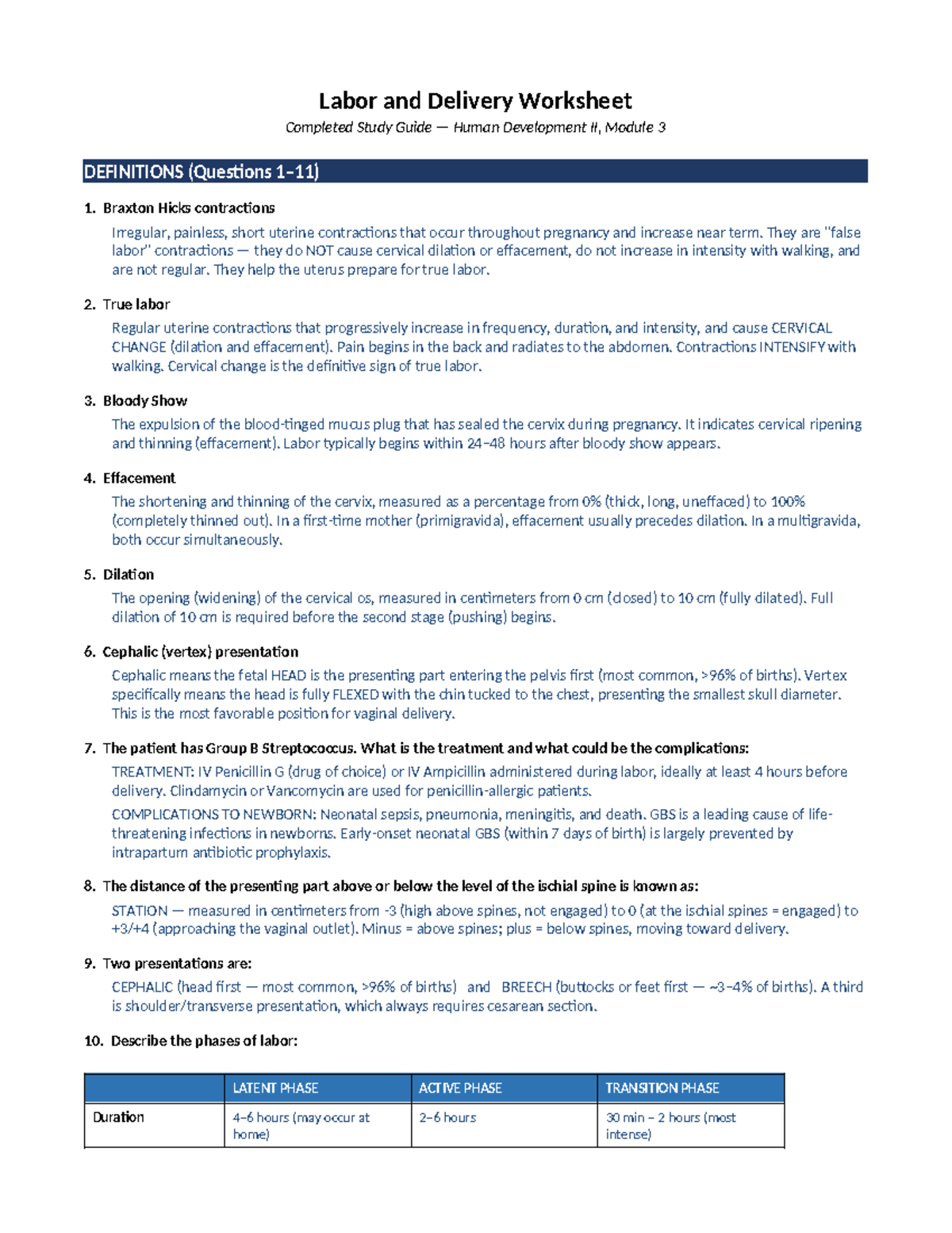 Labor and Delivery Worksheet Study Guide: Human Development II (Module ...