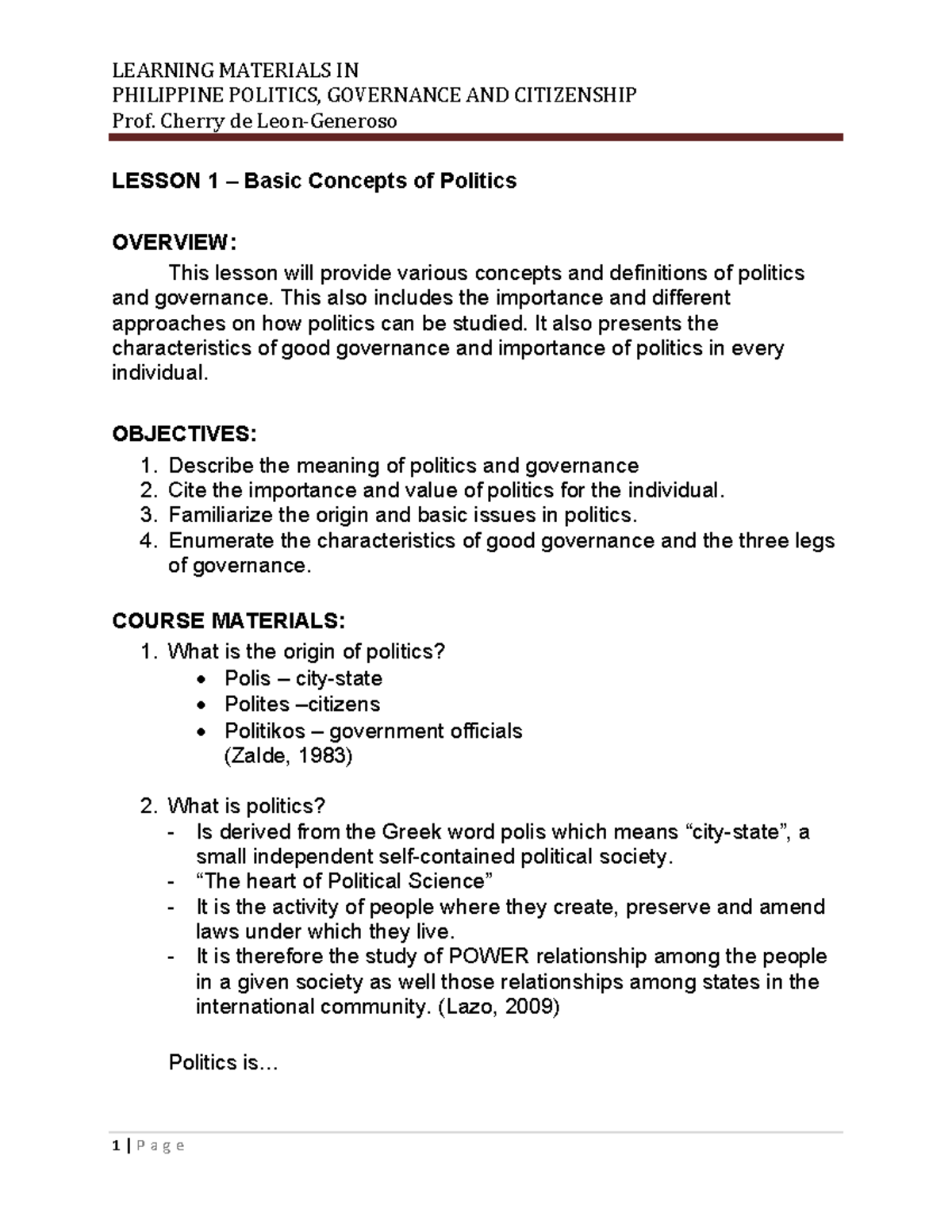 POLGOV 101: Lesson 1 – Essential Concepts of Politics and Governance ...