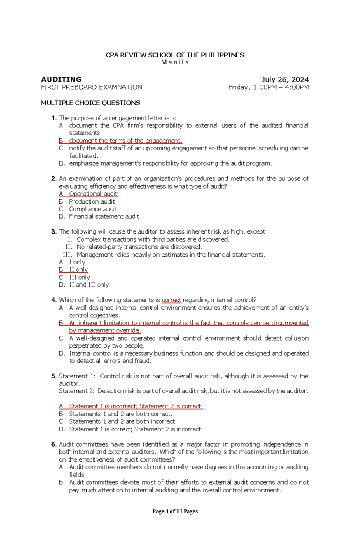 Auditing First Preboard Questionnaire copy - CPA REVIEW SCHOOL OF THE PHILIPPINES M a n i l a ...