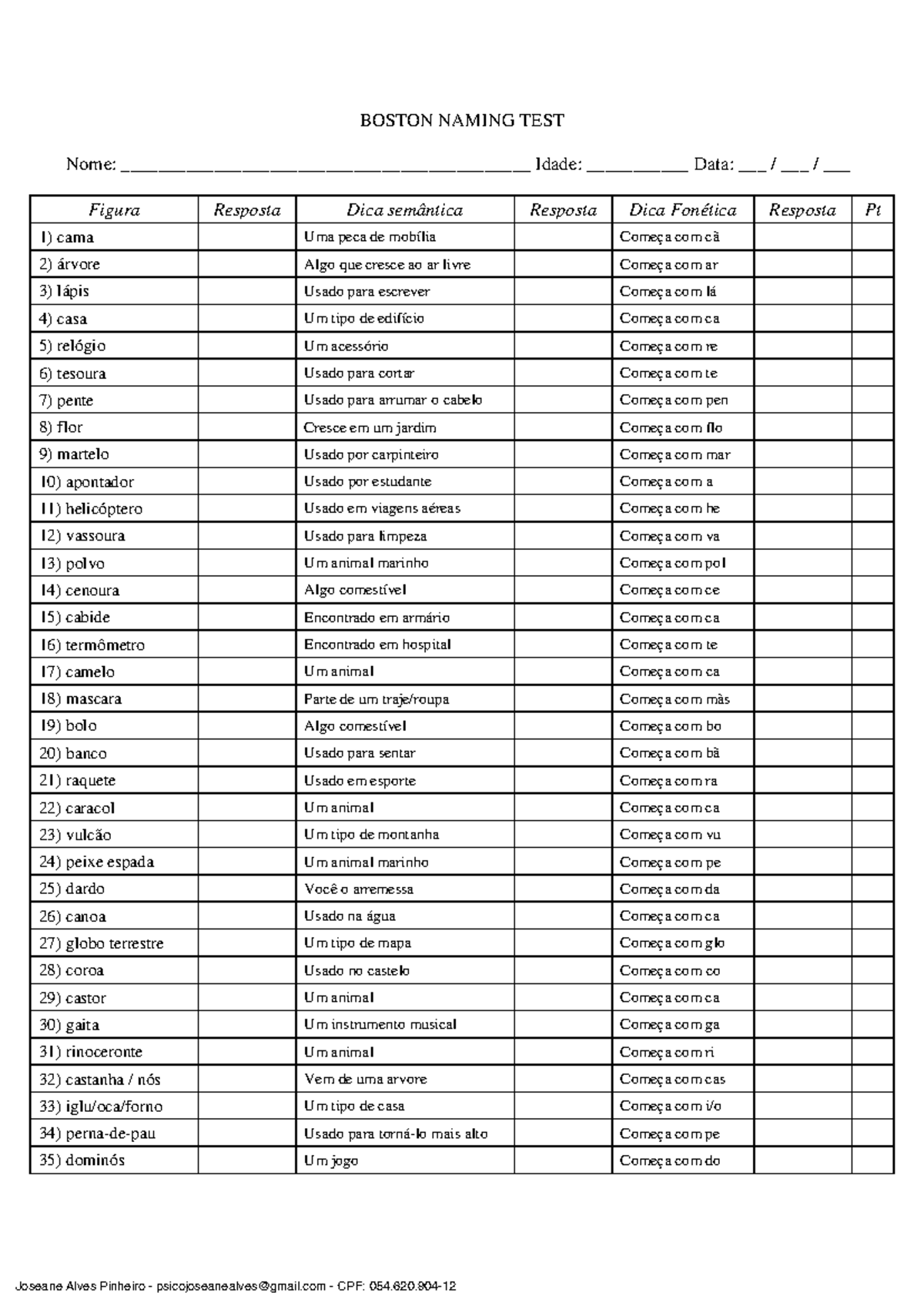 Boston Naming Test - Folha de Resposta - Studocu
