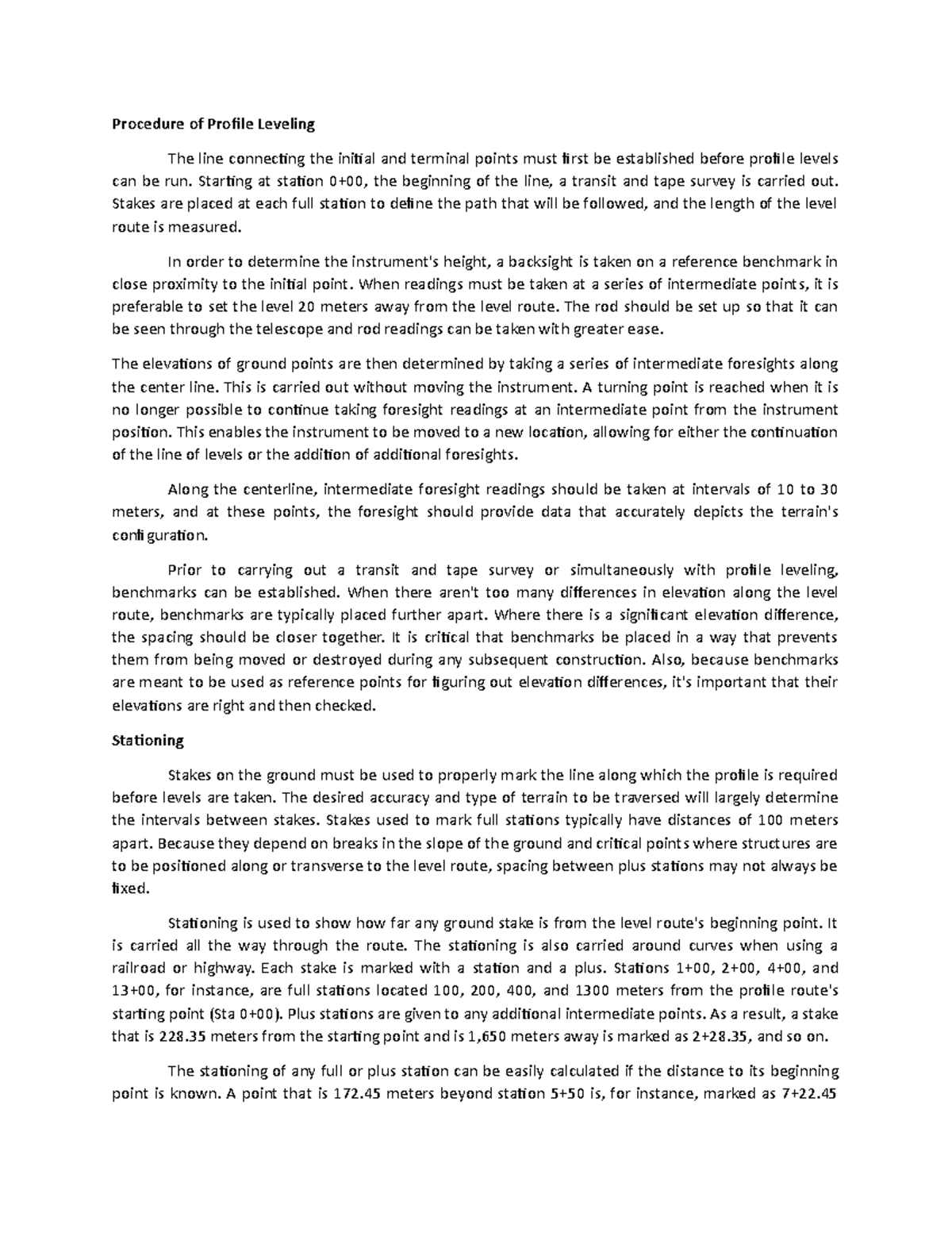 Profile Leveling Notes for Surveying Procedures (ENGR 301) - Studocu