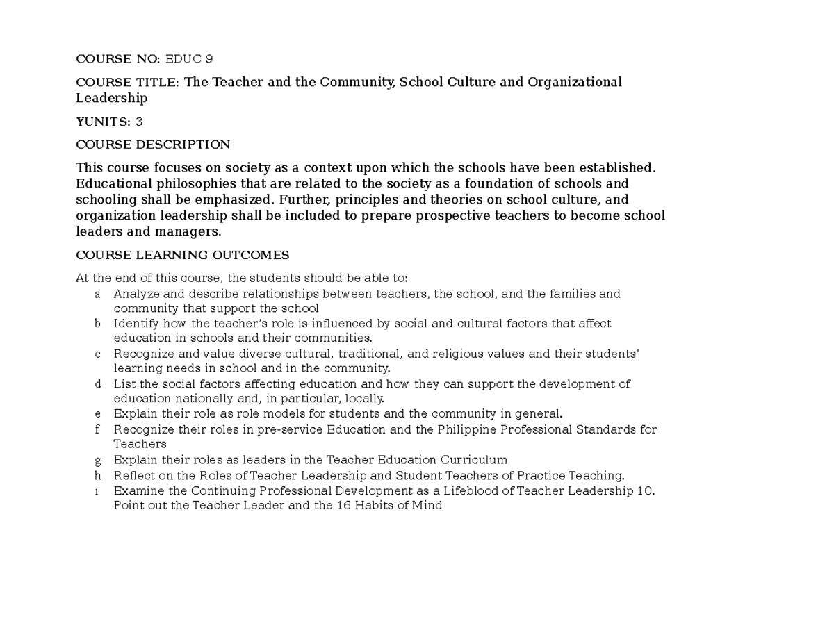 EDUC 9 Syllabus: Teacher & Community Relations, Culture & Leadership ...