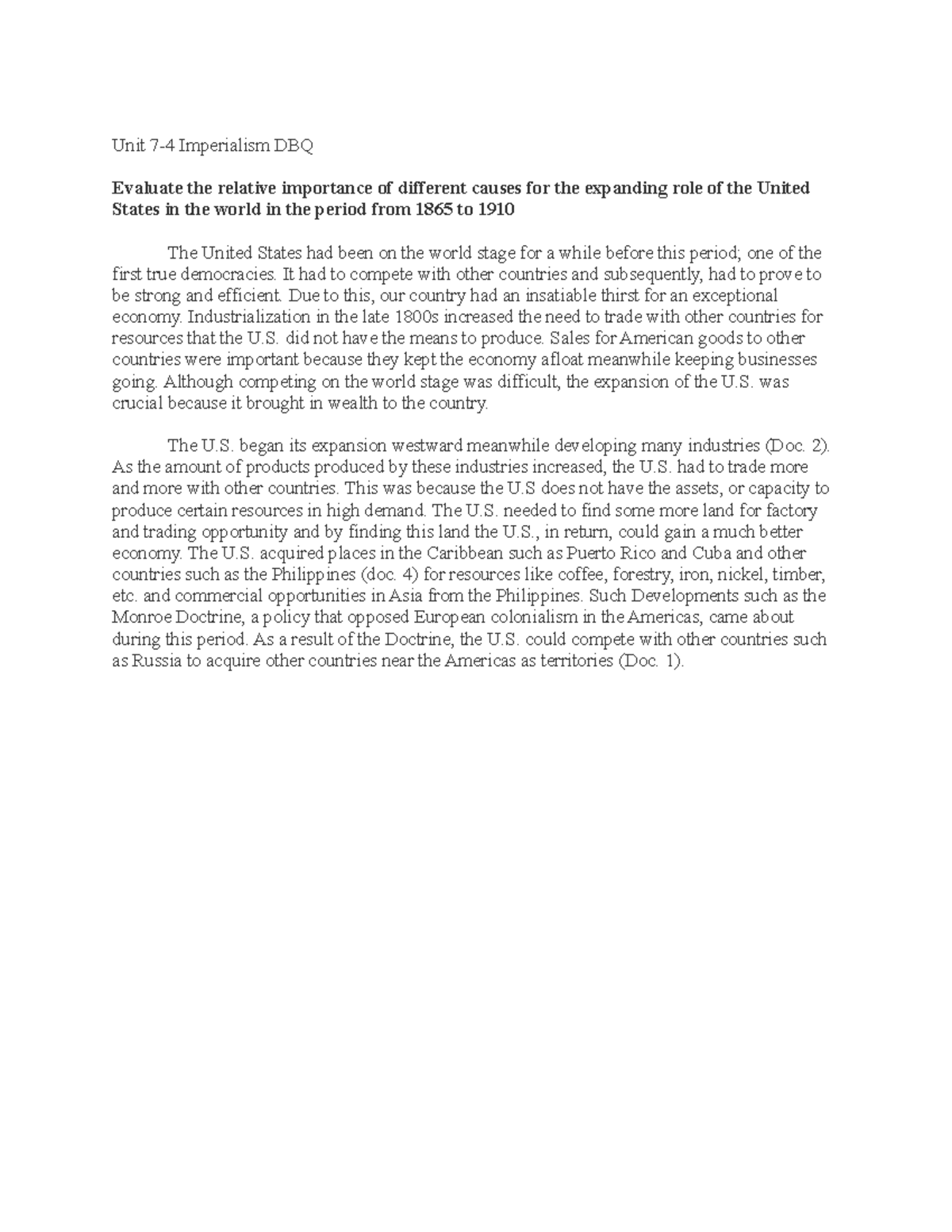 Unit 7-4: In-Class Essay Practice on U.S. Imperialism (1865-1910) - Studocu