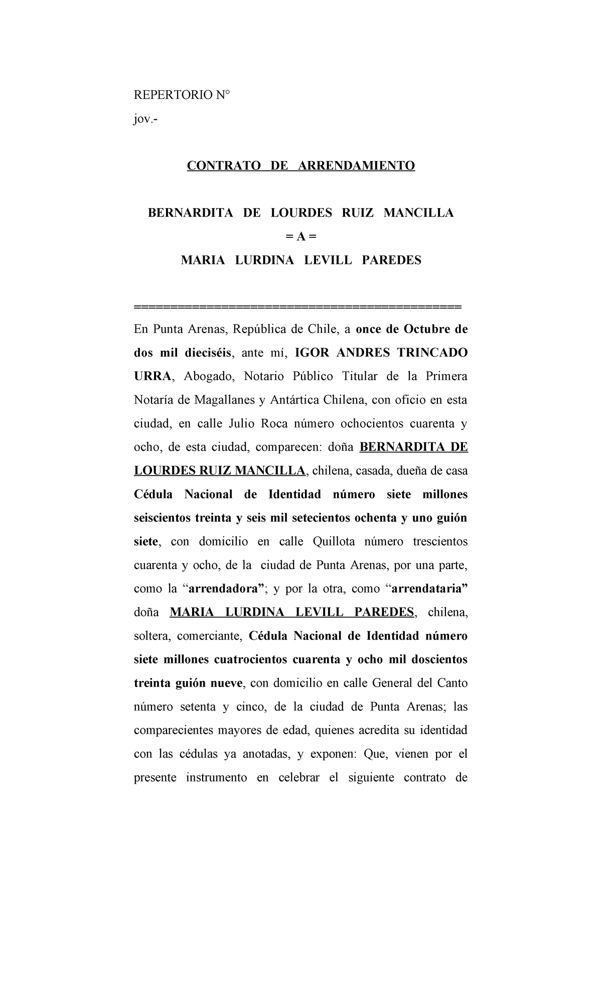 Contrato de Arrendamiento entre Ruiz Mancilla y Levill Paredes - Punta ...