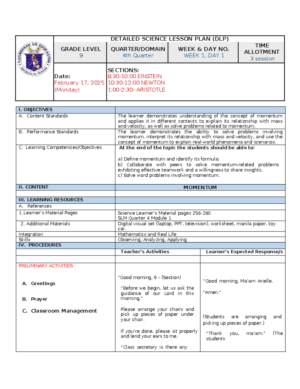 DLP Momentum - Detailed Science Lesson Plan for Grade 9 - Studocu