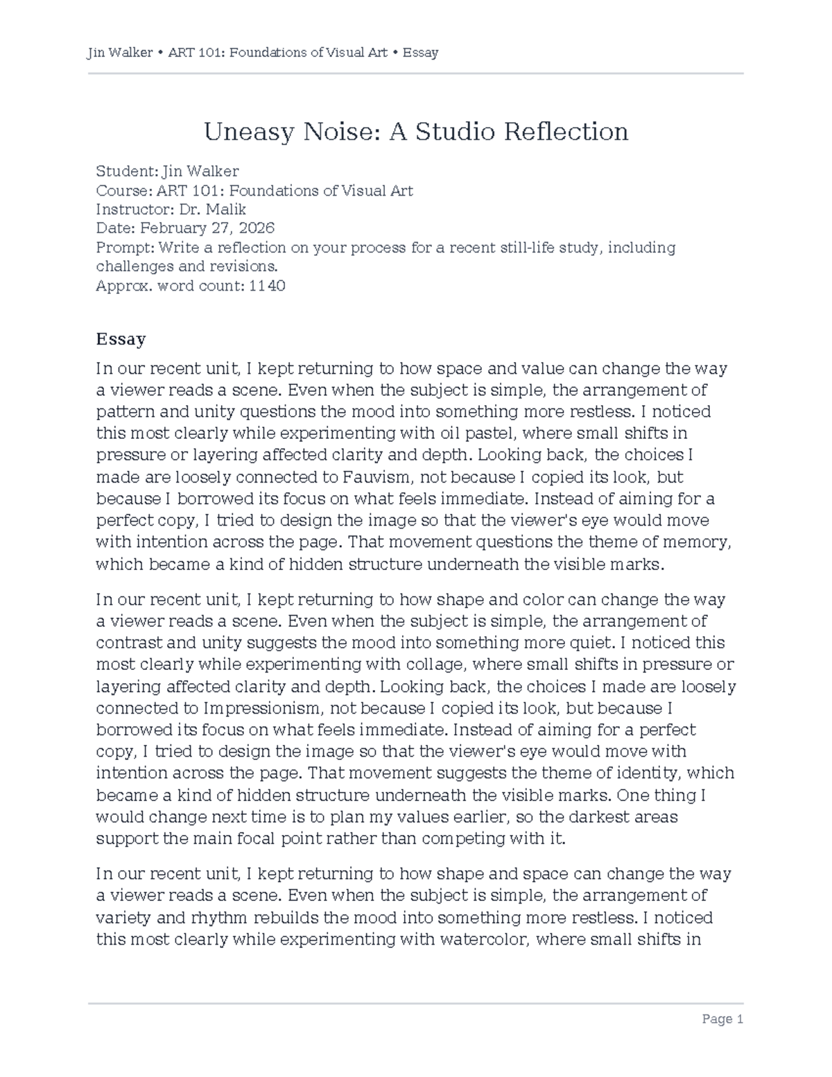 Jin Walker ART 101: Foundations of Visual Art Essay - Studio Reflection ...