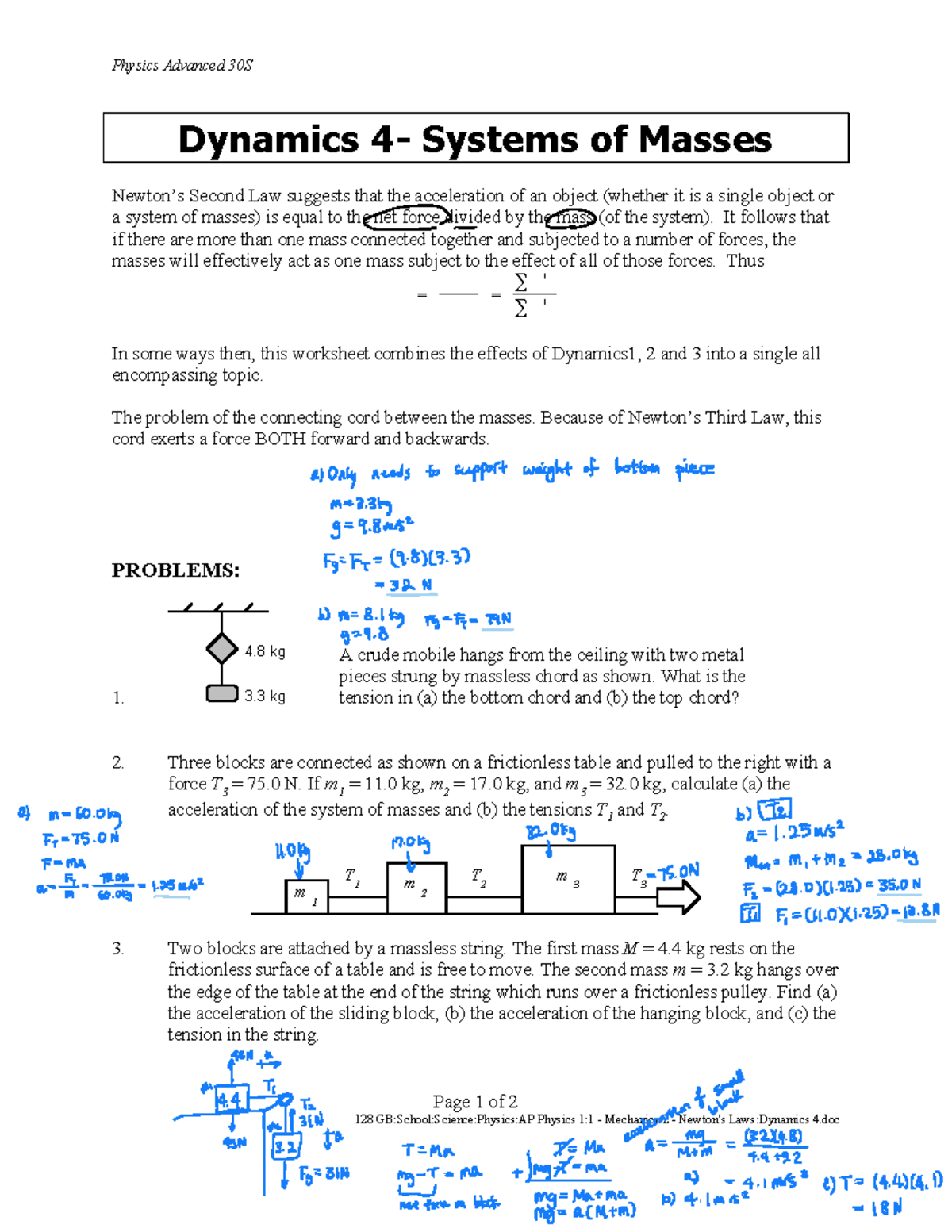 Physics Advanced 30S Dynamics 4: Systems of Masses and Forces - Studocu