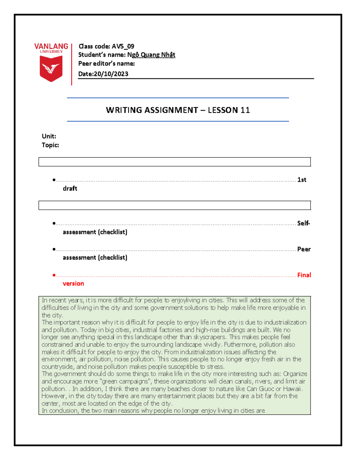 Template Writing assignment - Class code: AV5_ Student’s name: Ngô ...