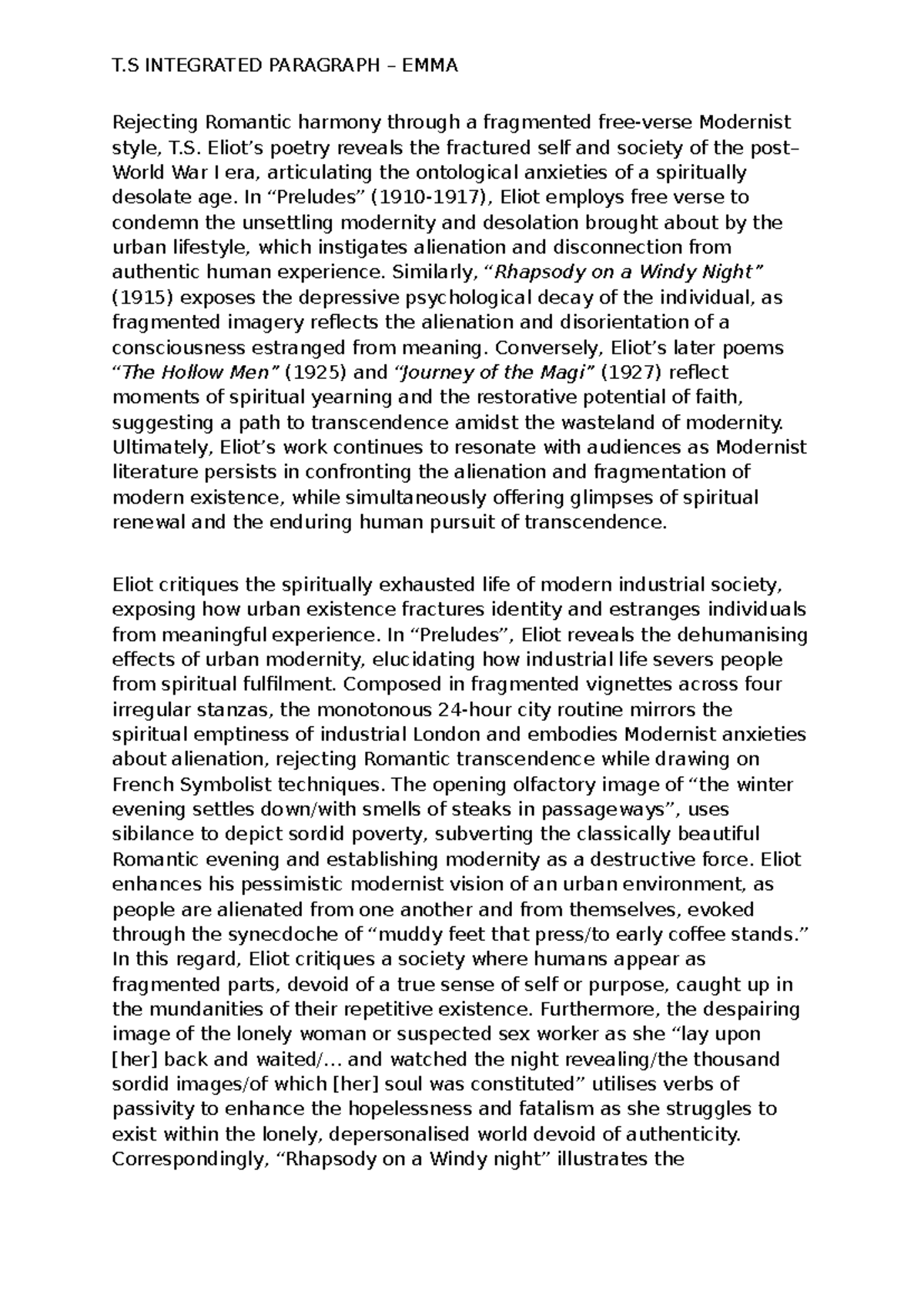 T.S. Eliot Integrated Analysis: Modernism & Spiritual Fragmentation ...