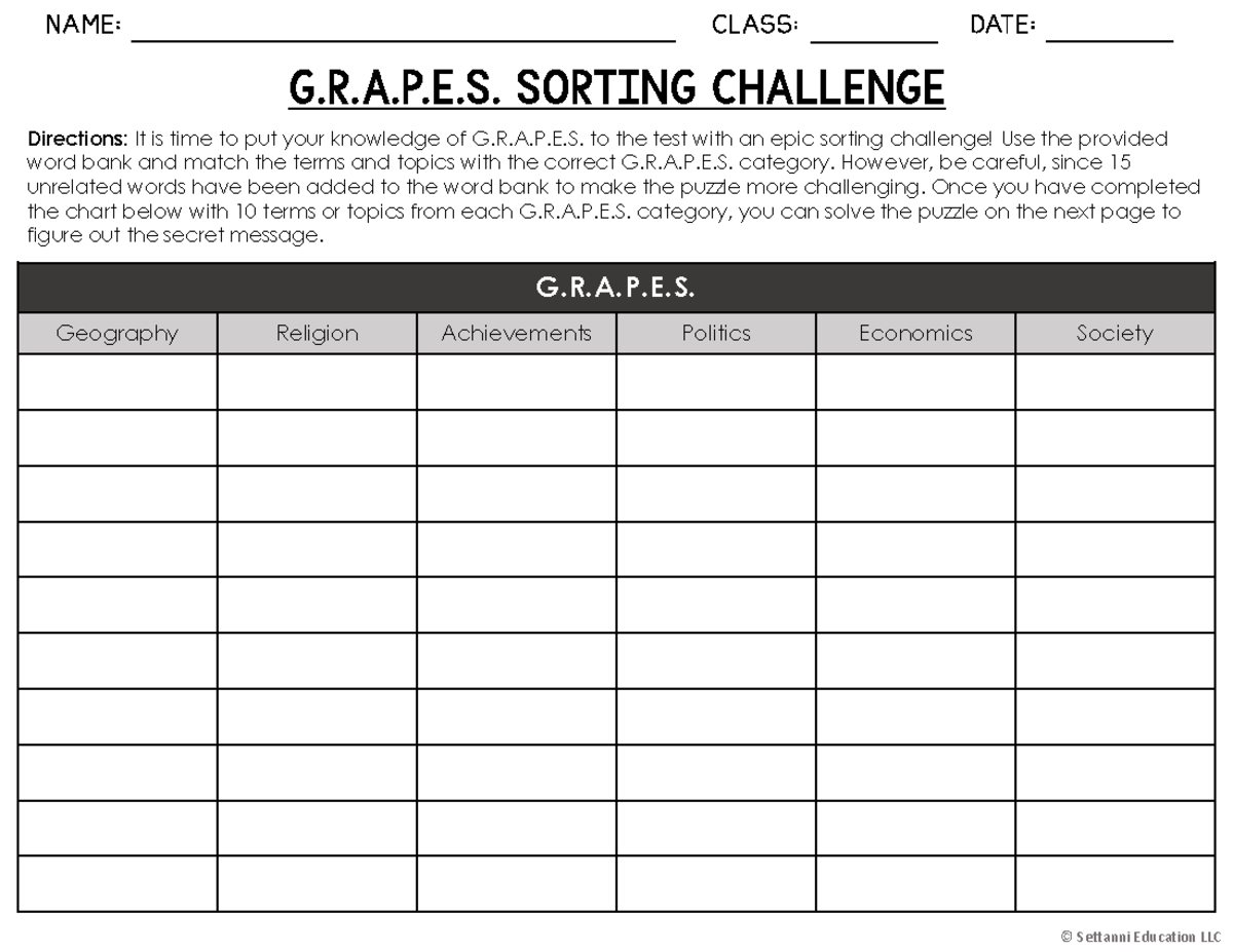 G.R.A.P.E. Sorting Challenge for Social Studies (SS101) Activities ...