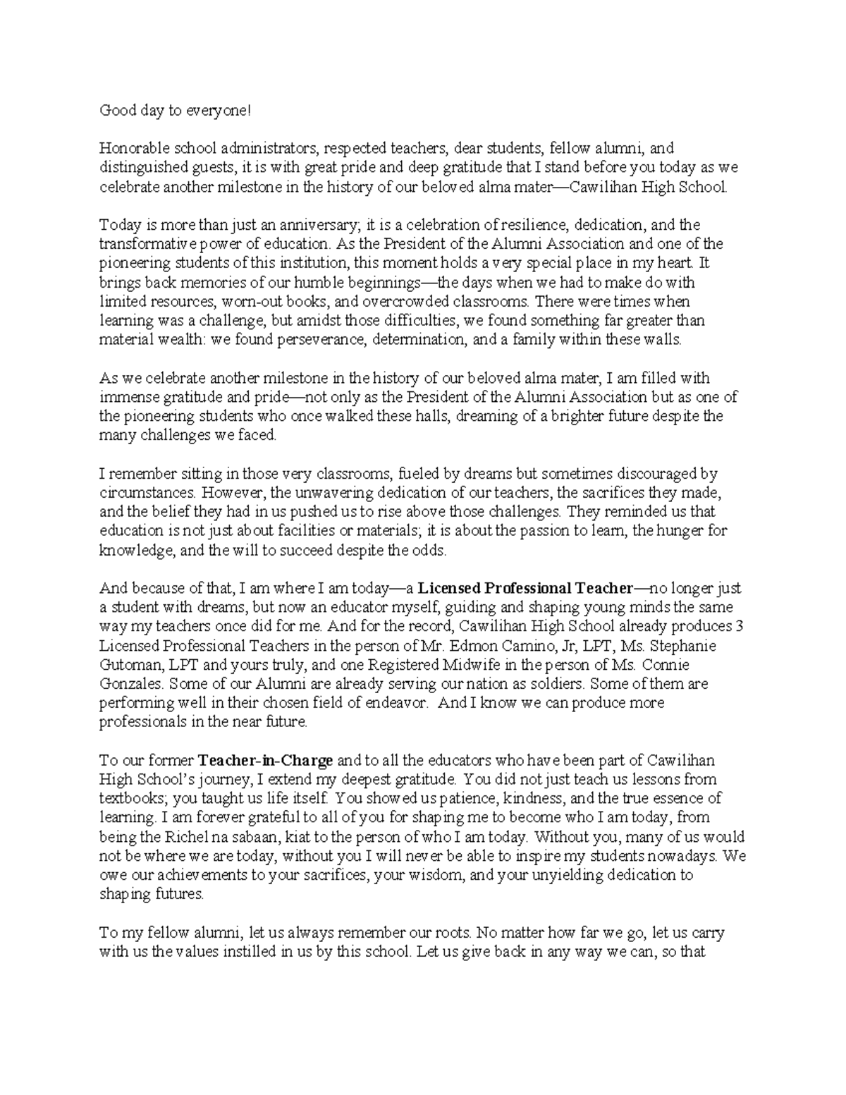 Cawilihan High School Alumni Speech: Celebrating Our Journey - Studocu