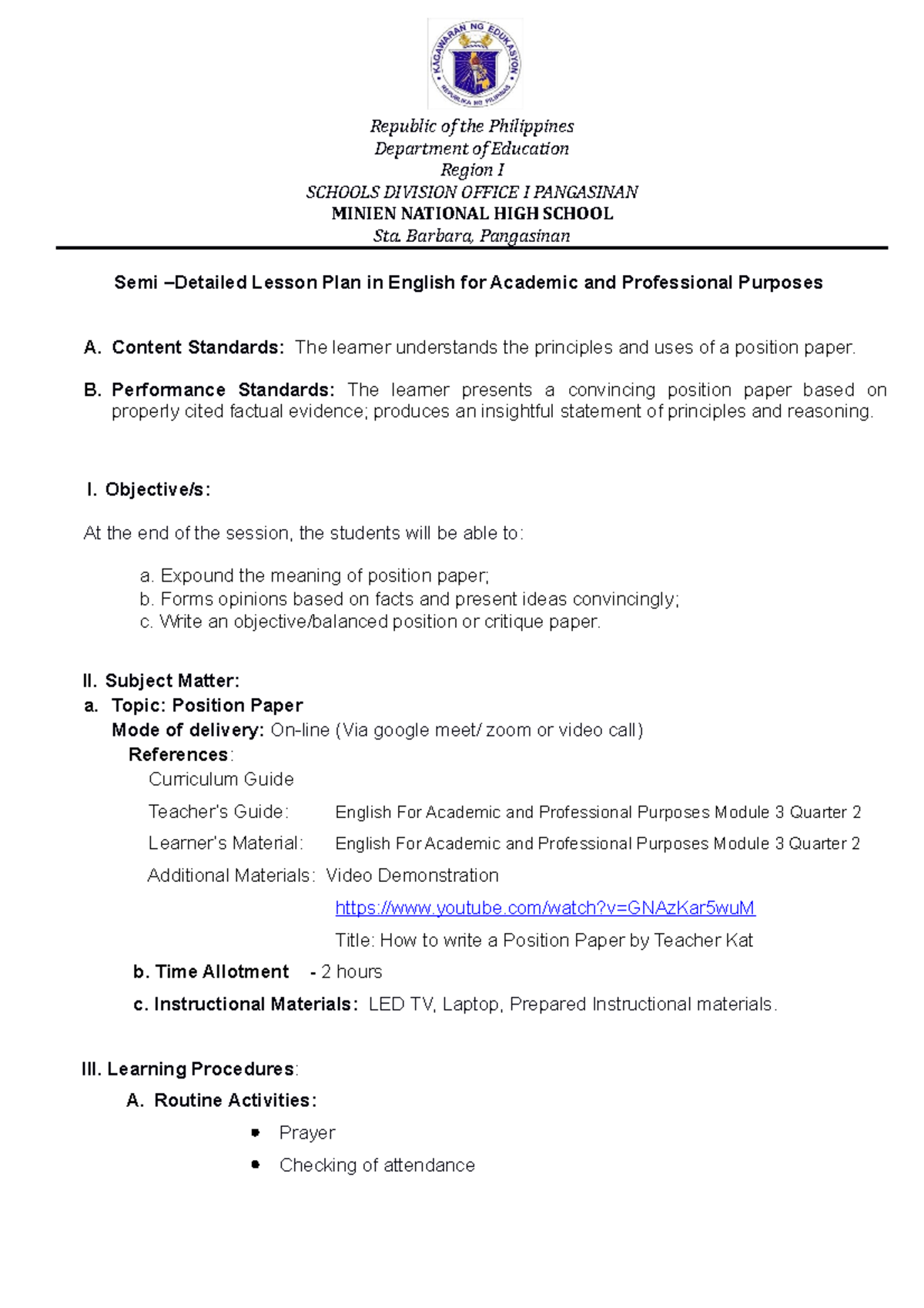Semi-Detailed Lesson Plan: Position Paper in EAPP 11 - Studocu