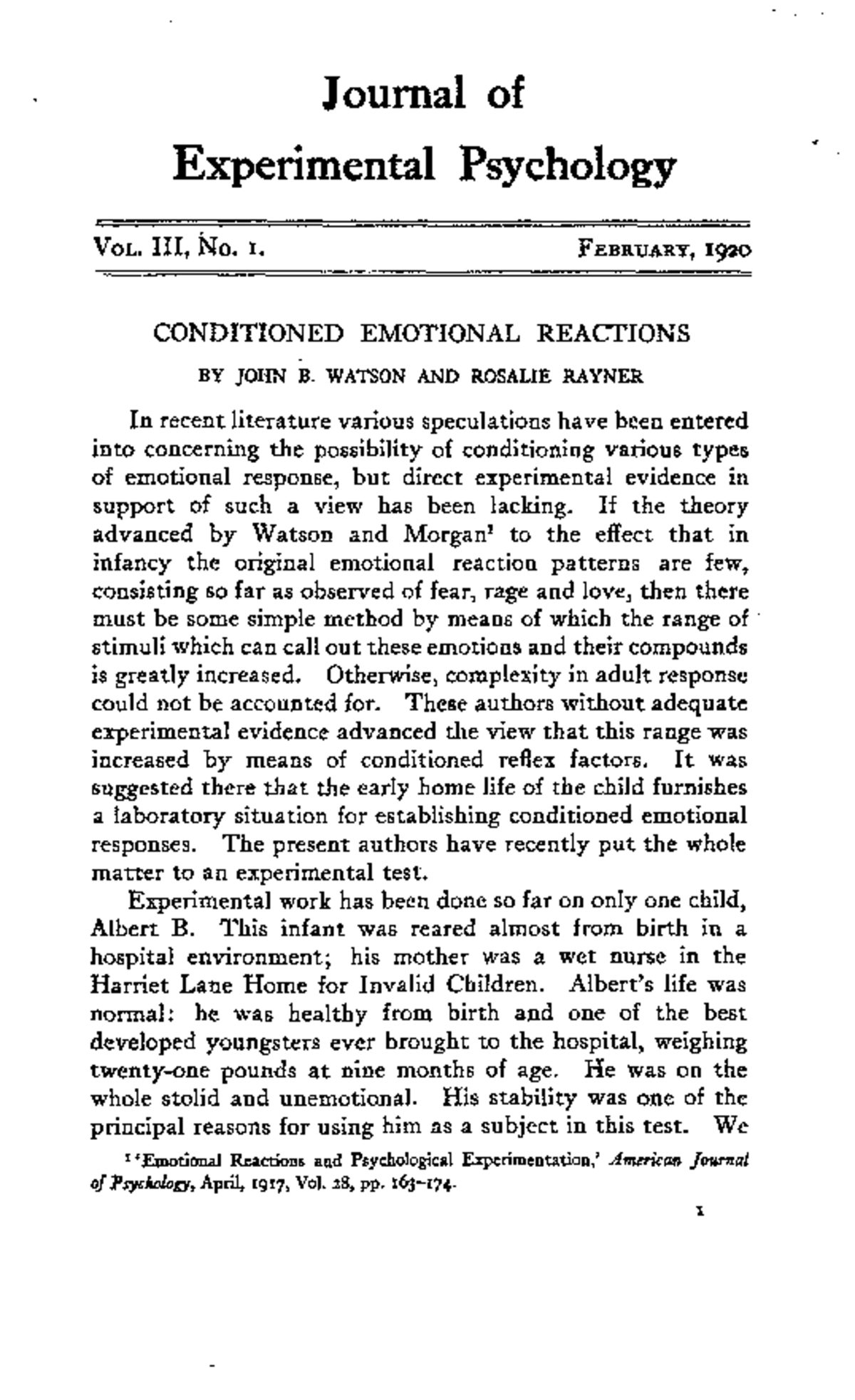Conditioned Emotional Reactions: The Little Albert Study Insights - Studocu