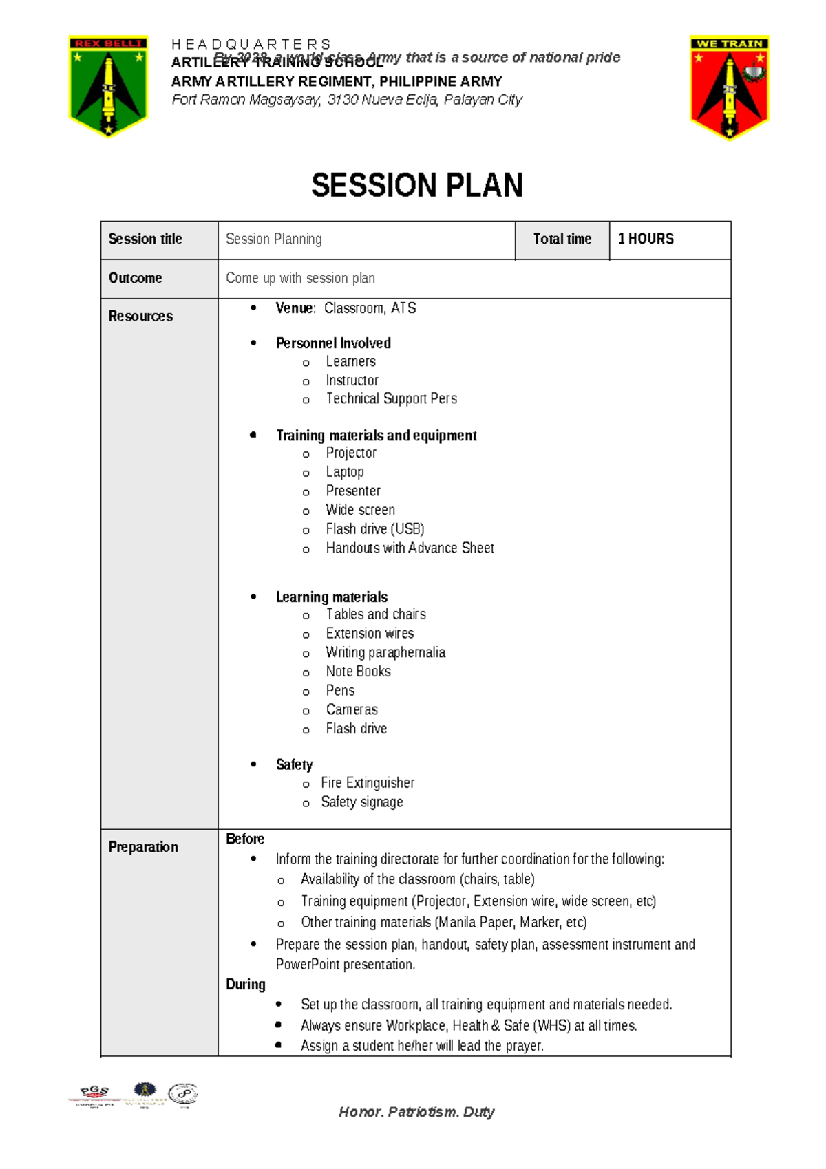 Session Plan for Artillery Training - ATS 2025 - Studocu