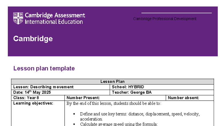 Cambridge Lesson Plan: Describing Movement - Year 8 Physics - Studocu