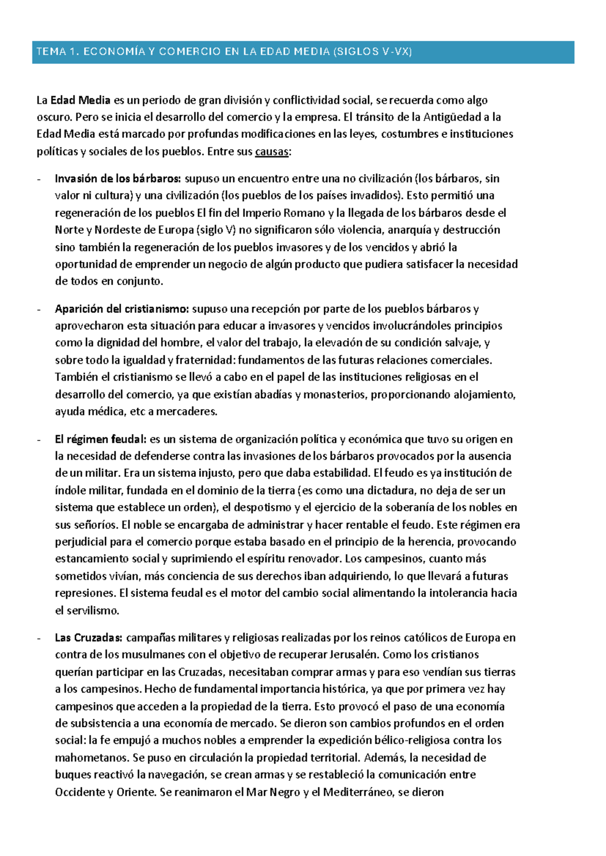 TEMA 1: ECONOMÍA Y COMERCIO EN LA EDAD MEDIA (SIGLOS V-XV) - Studocu