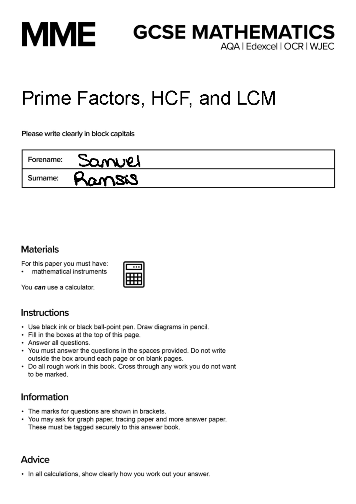 Final Exam on Prime Factors, HCF, LCM - MME - Studocu