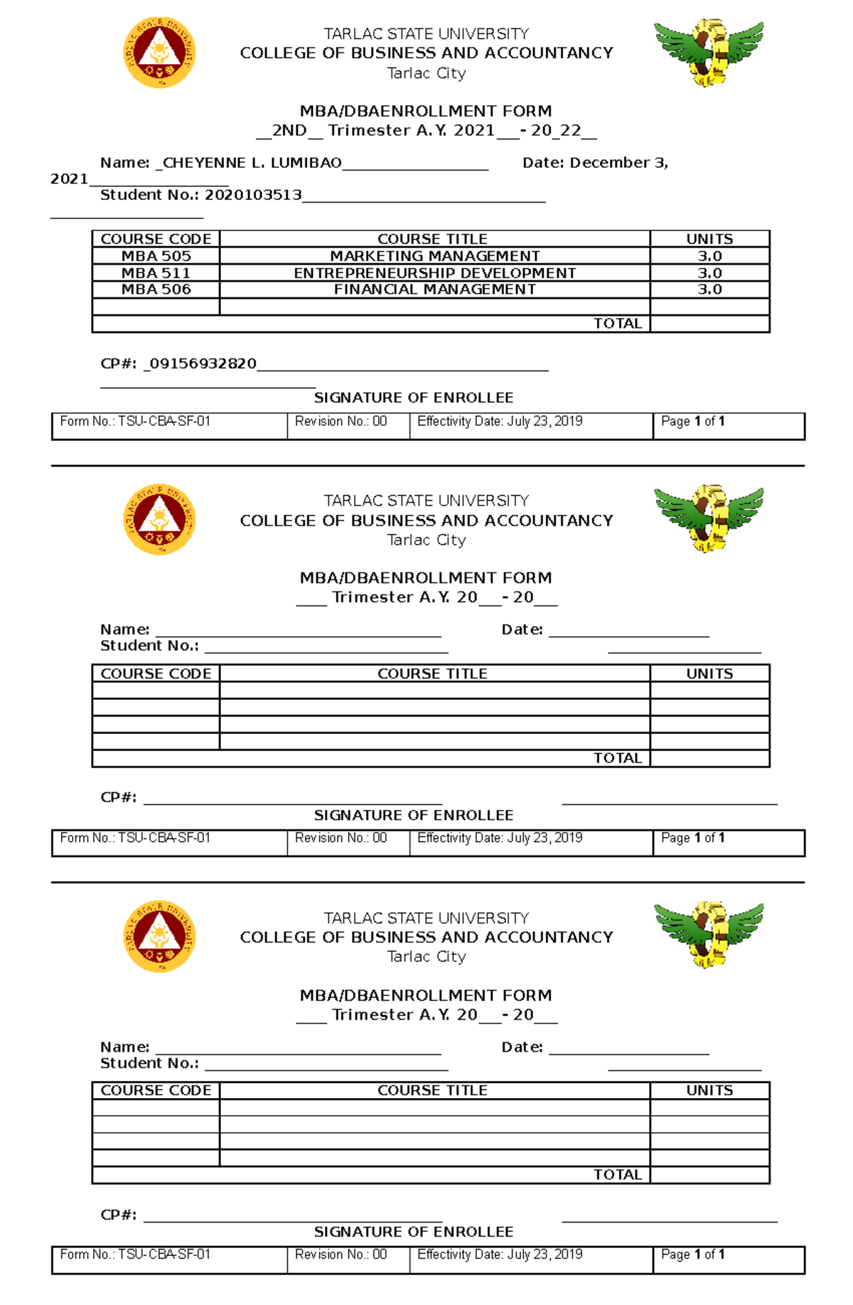 MBA DBA-Enrollment-Form CHEY - TARLAC STATE UNIVERSITY COLLEGE OF ...