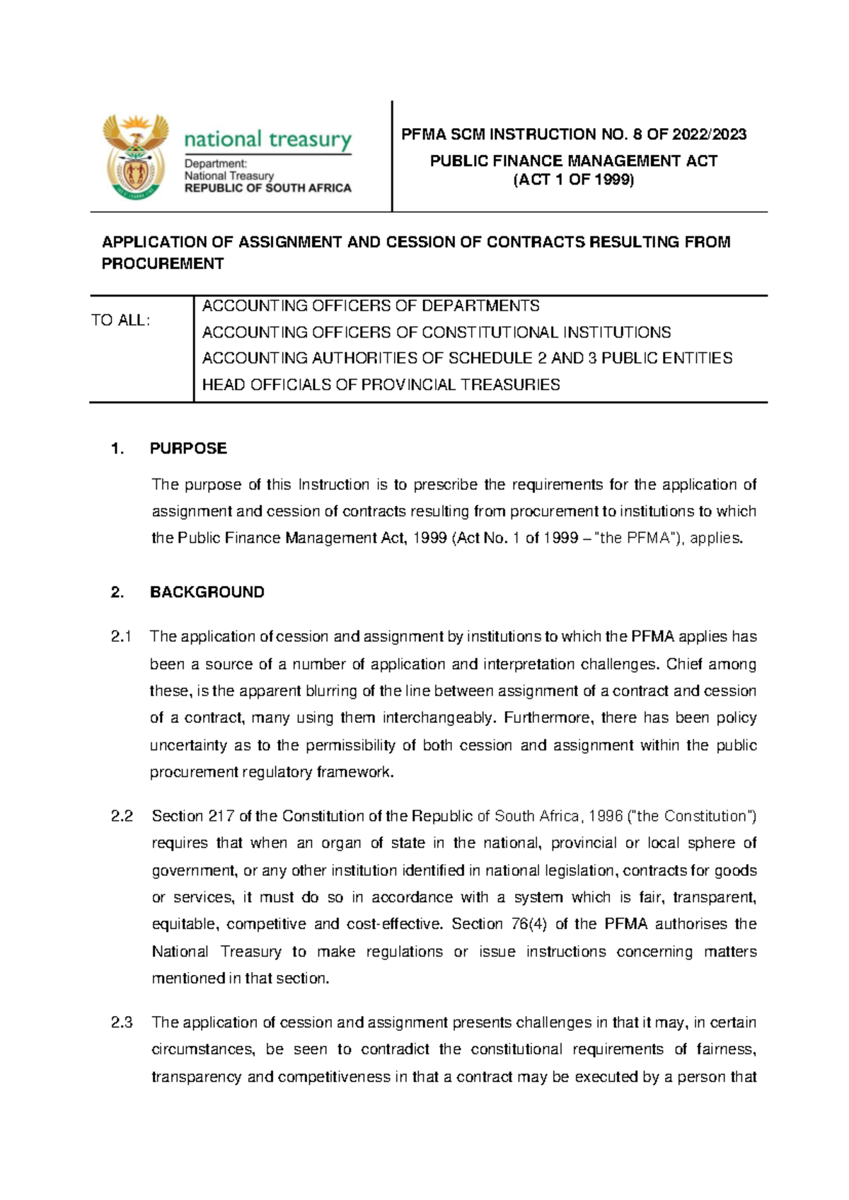PFMA SCM Instruction No. 08/2022: Cession & Assignment Guidelines - Studocu