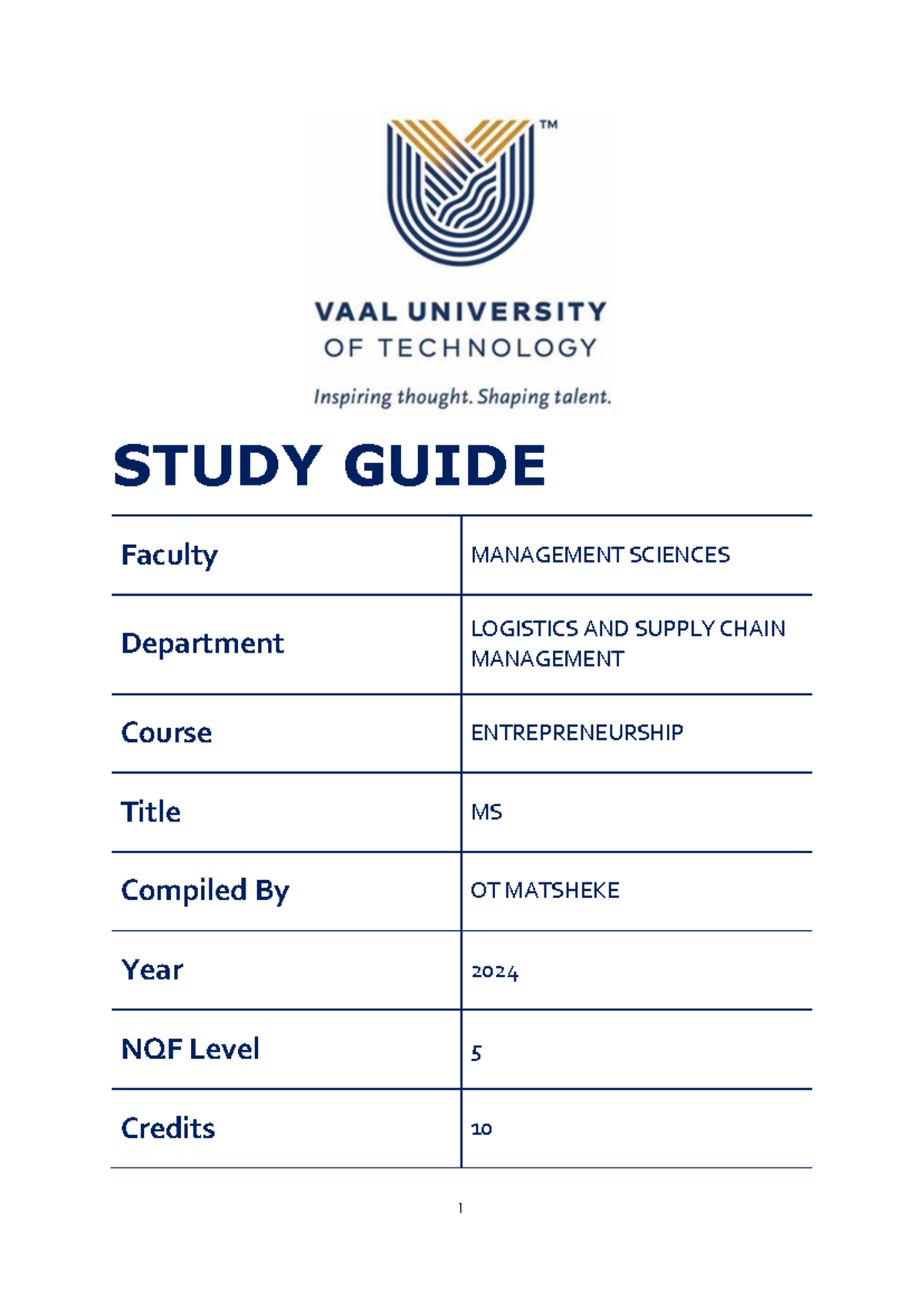 Entrepreneurship Study Guide 2024 (NQF Level 5) - MS Compiled by OT ...
