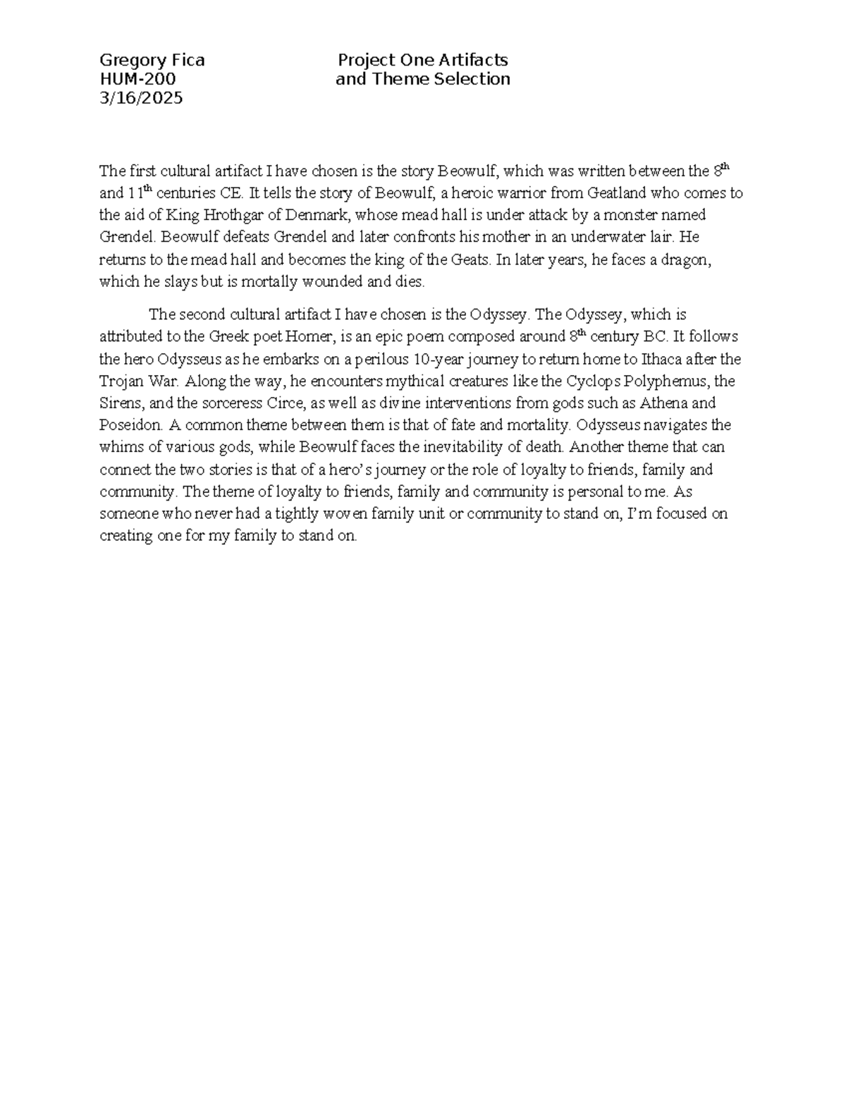 HUM200 Project One: Artifacts & Themes in Beowulf & Odyssey - Studocu
