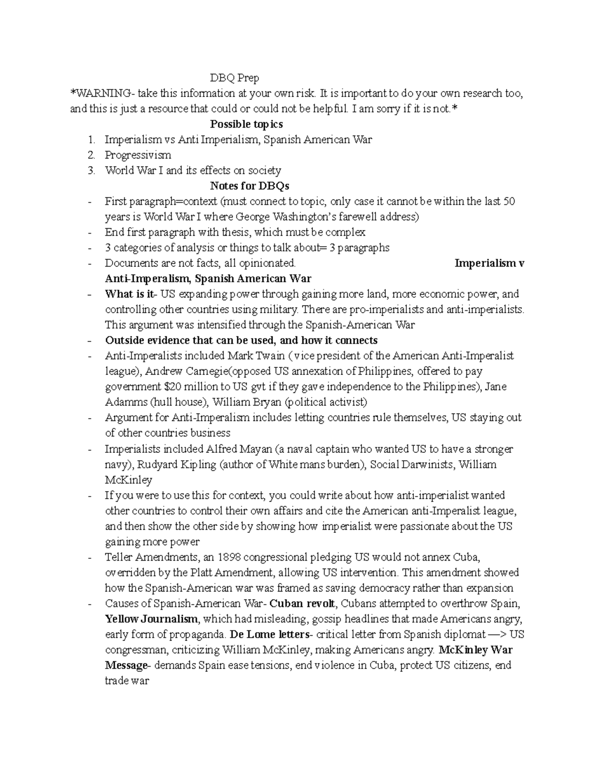 DBQ Prep: Analyzing Imperialism, Progressivism, and WWI Effects - Studocu