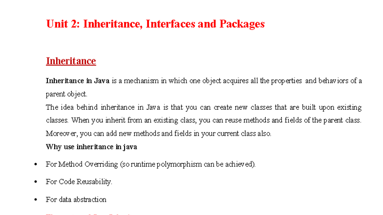 Unit II: OOP Concepts - Inheritance, Interfaces & Packages - Studocu