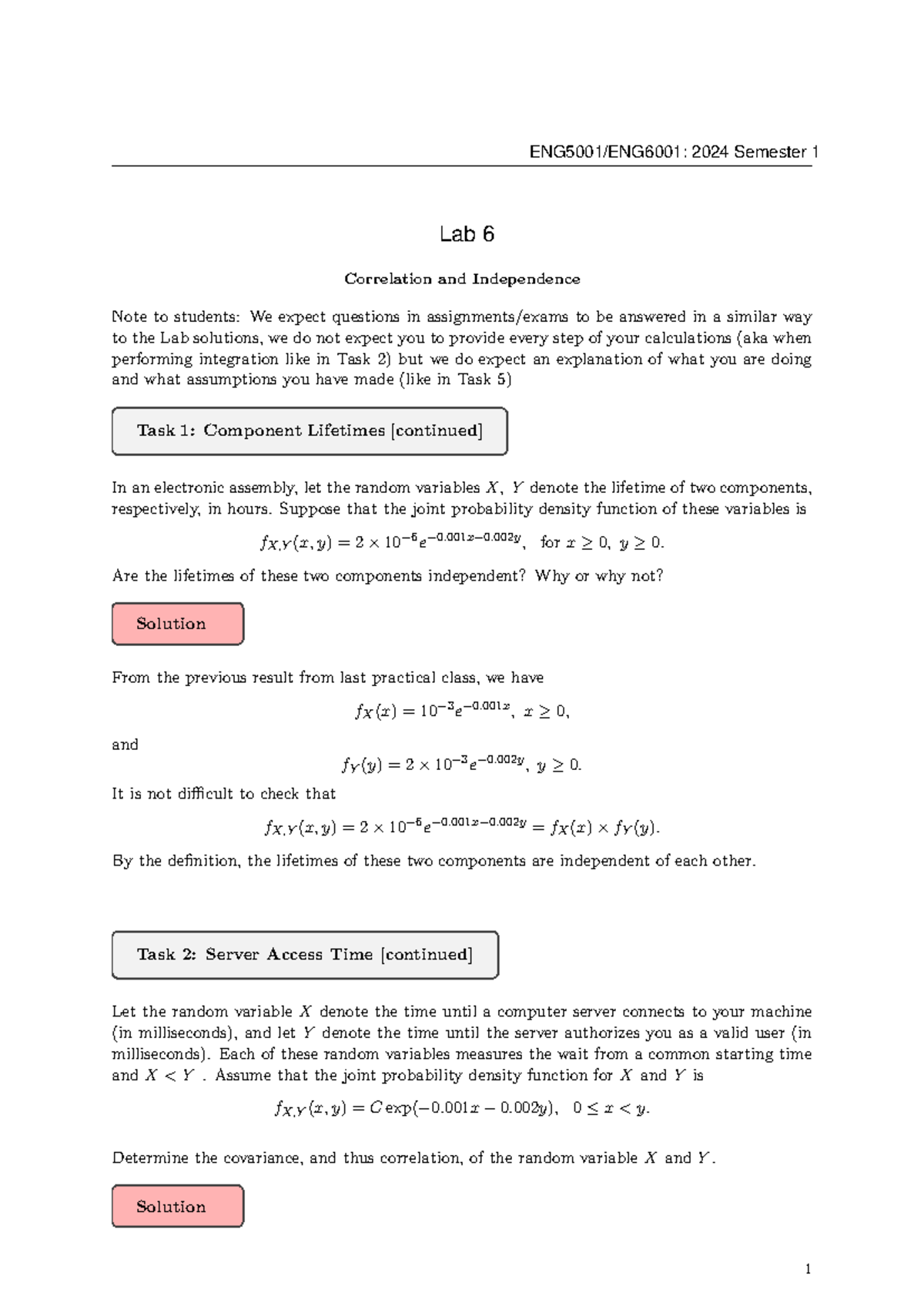 Eng5001 Lab 06 Week 9 Solutions Correlation And Independence Note