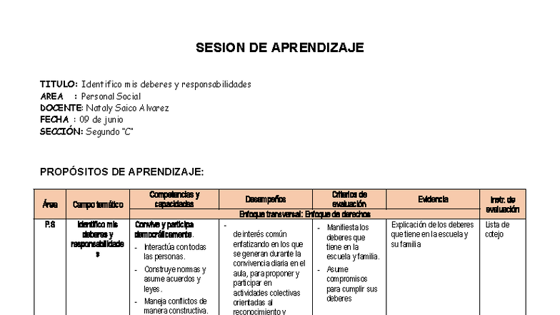 SESION DE APRENDIZAJE: Deberes y Responsabilidades en P.S. - Studocu