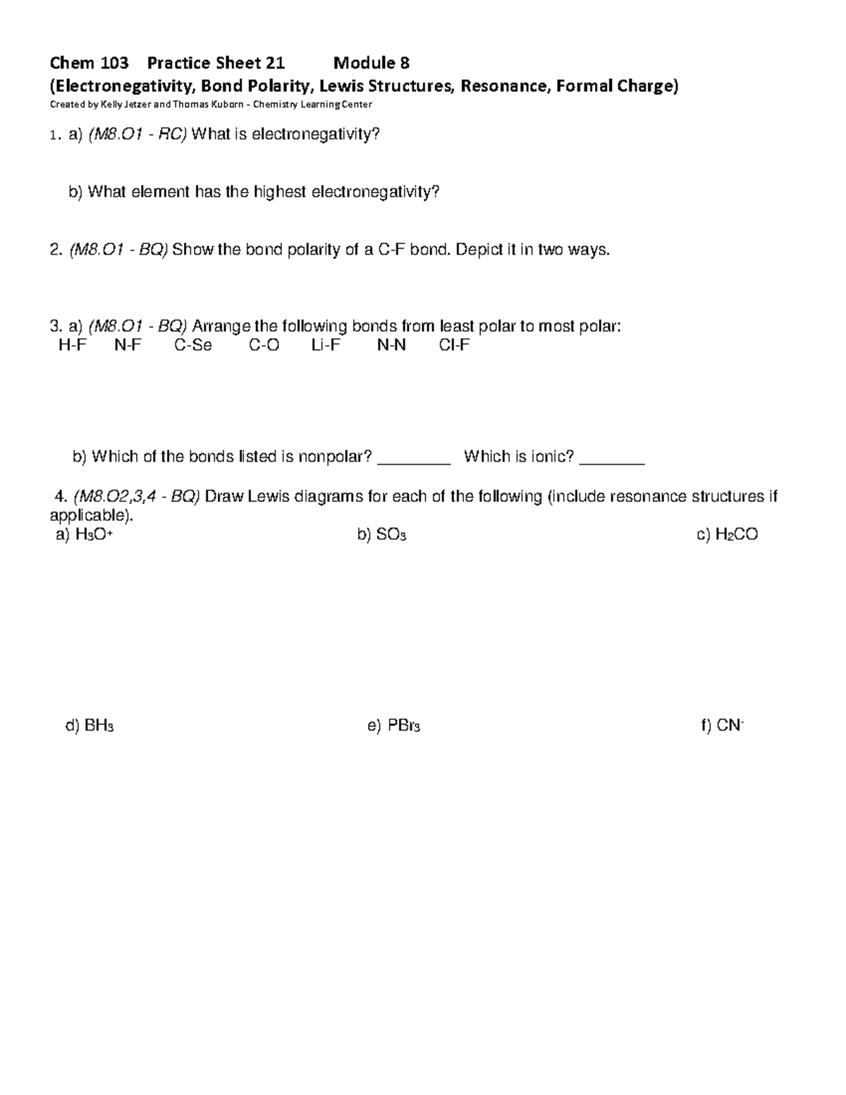 Chem 103 Practice Sheet 21 Mod 8 EN Polarity Lewis - Chem 103 Practice ...