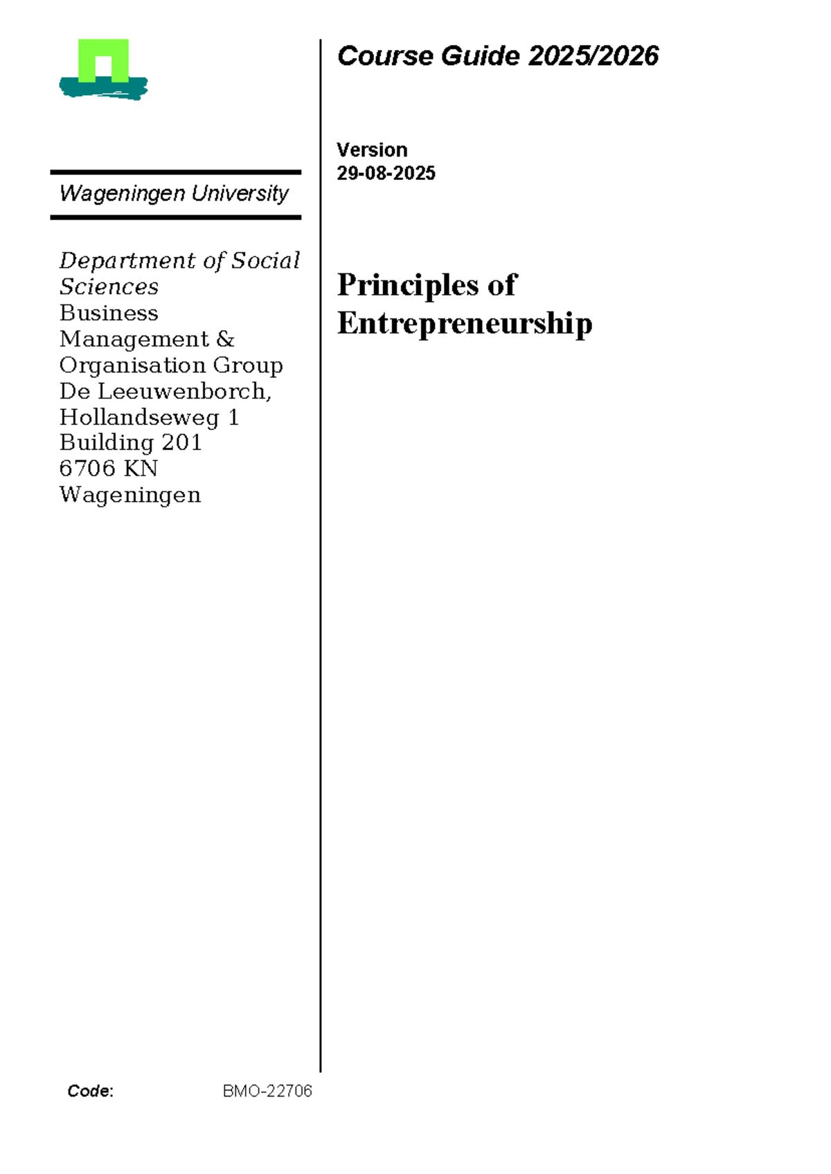 BMO22706 Course Guide: Principles of Entrepreneurship (Aug 2025 ...