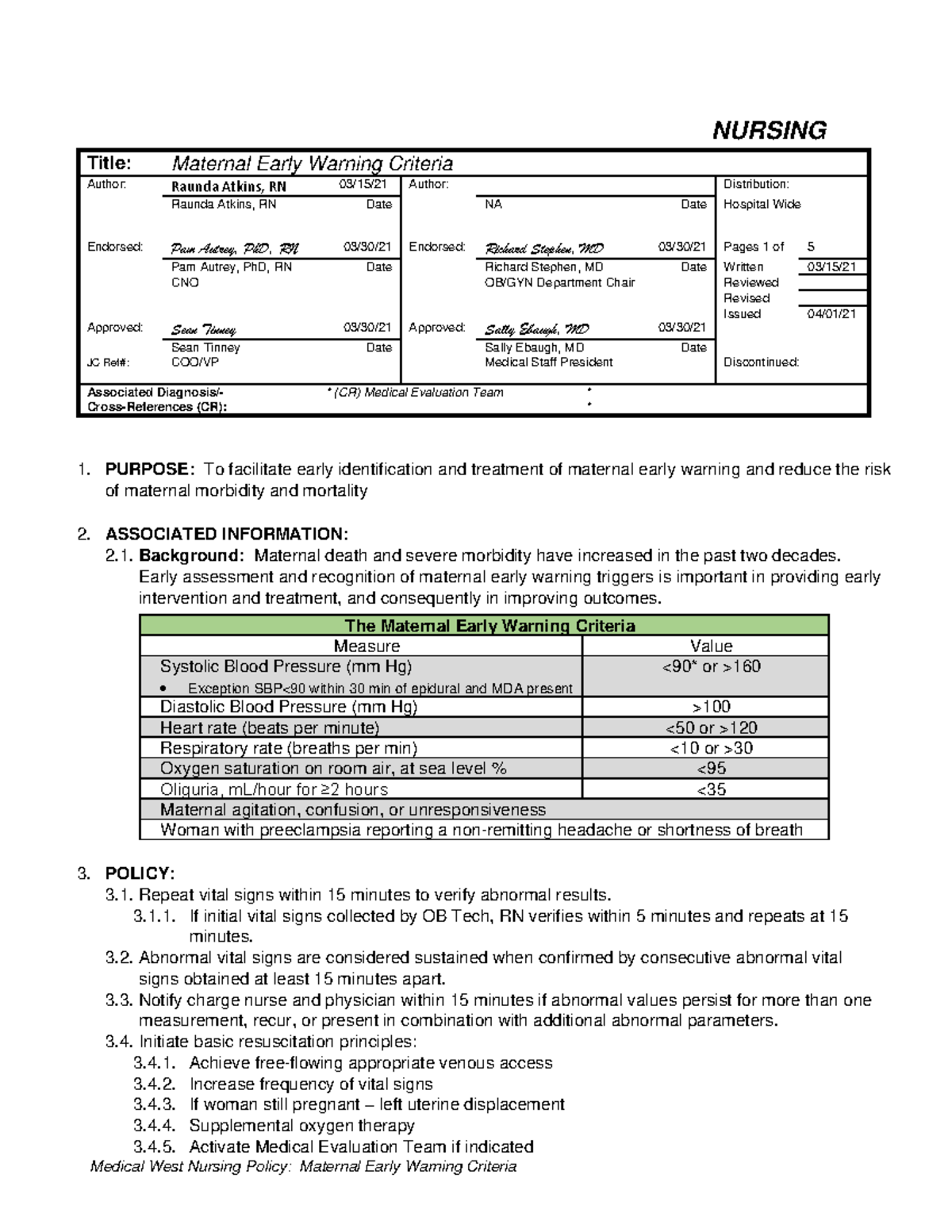 NURSING 150: Maternal Early Warning Criteria Guidelines - Studocu