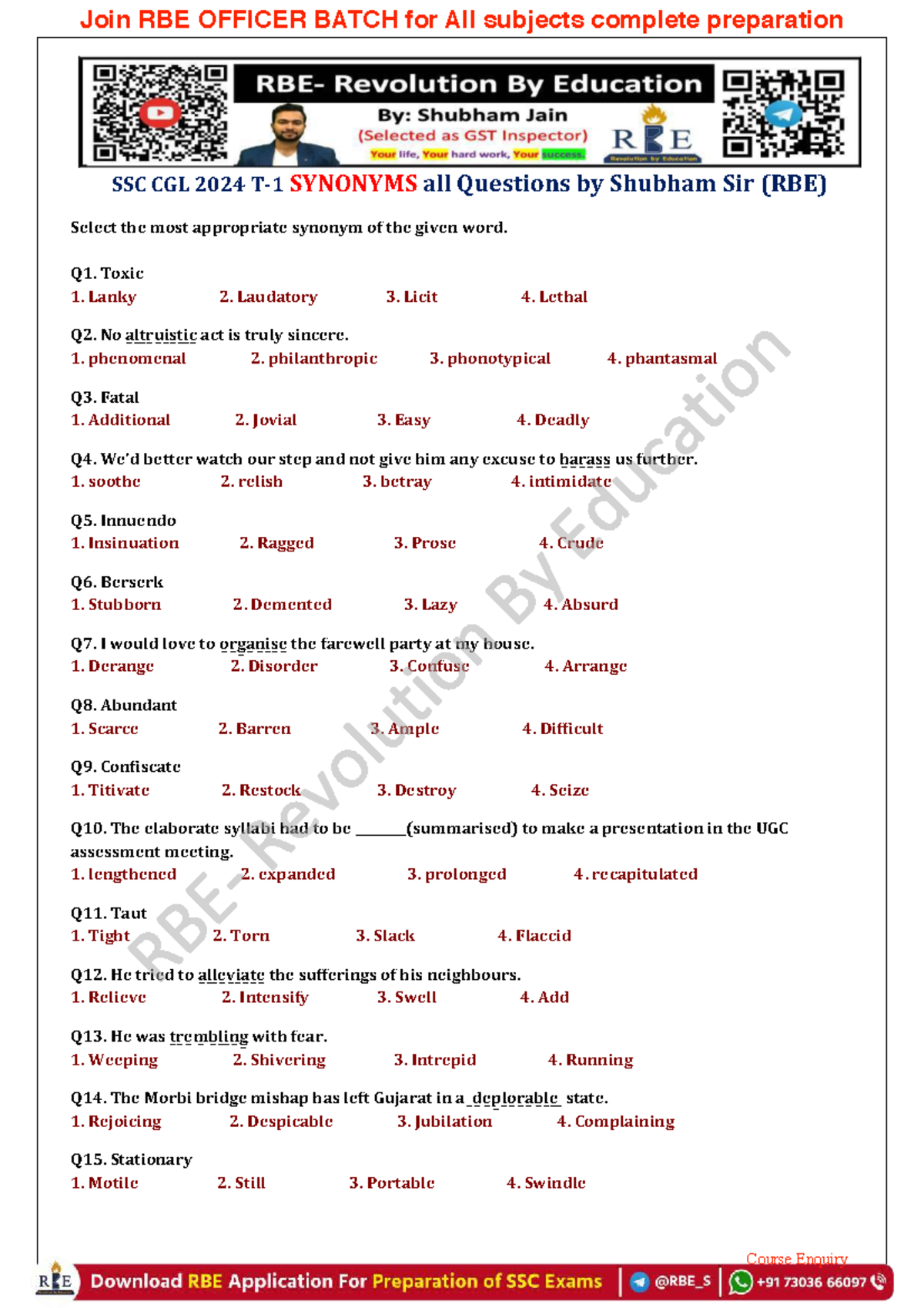 Synonyms for SSC CGL 2024 T-1 RBE Officer Batch Preparation - Studocu