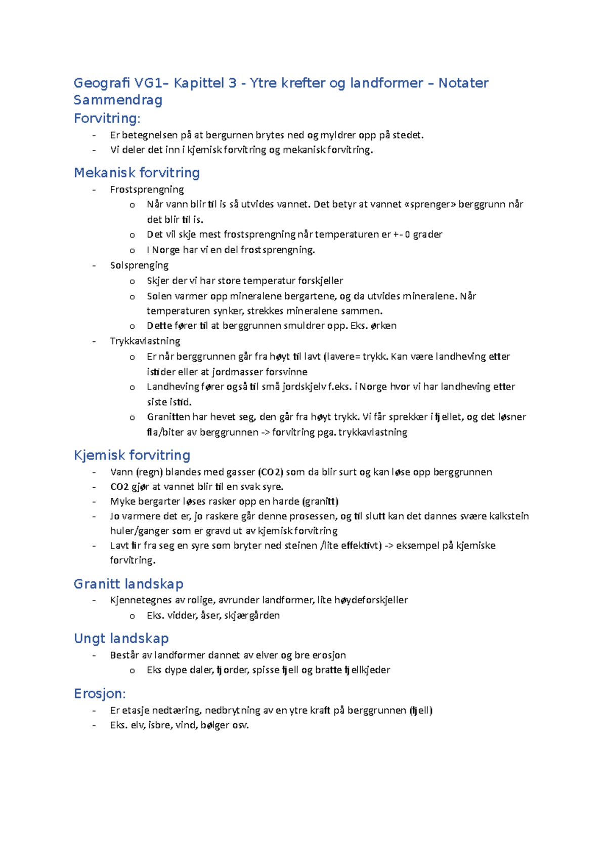 Geografi VG1 - Kapittel 3 - Ytre krefter og landformer - Notater sammendrag - Geograi VG1 ...