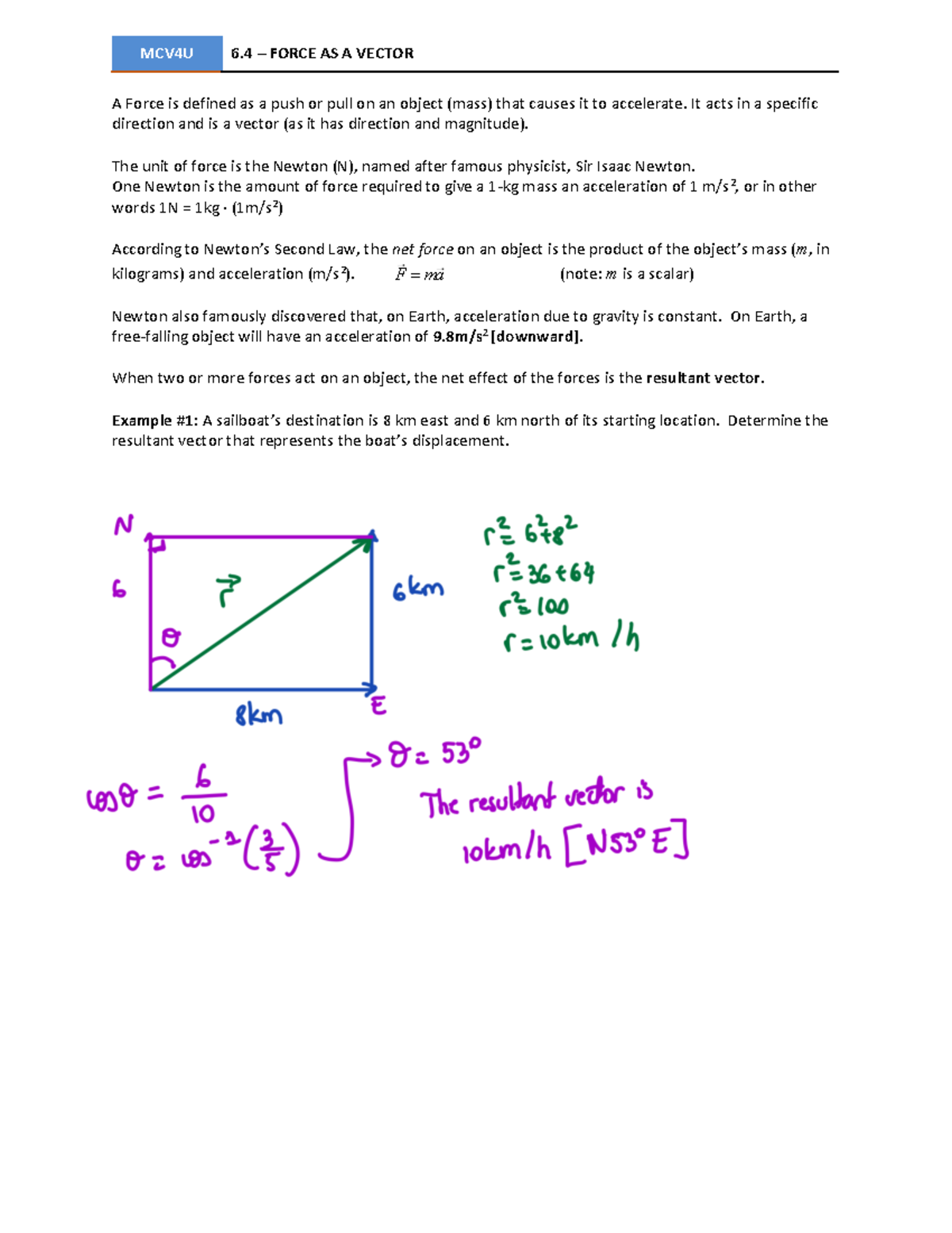 MCV4U 6.4 - Understanding Force as a Vector in Physics - Studocu
