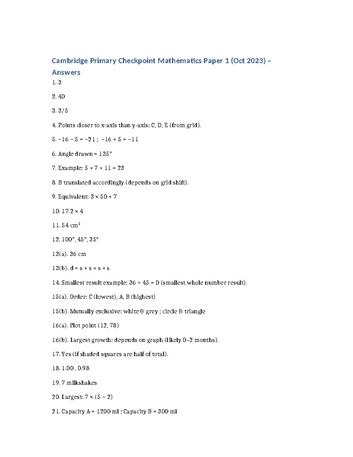 Cambridge Primary Checkpoint Math Paper 1 (Oct 2023) Solutions - Studocu