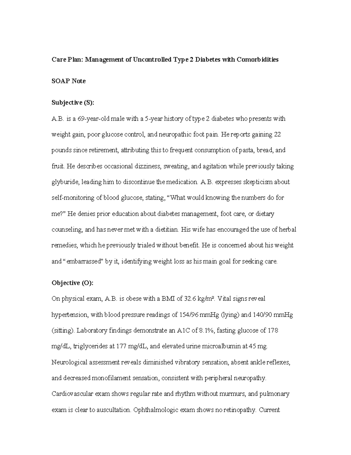Diabetes Care Plan: Management of Uncontrolled T2DM with Comorbidities ...