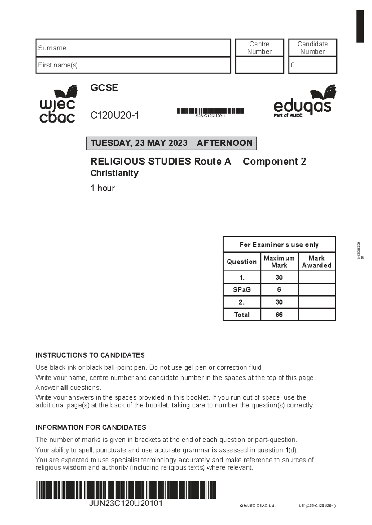 GCSE Religious Studies Route A: Christianity Exam Paper - May 2023 ...