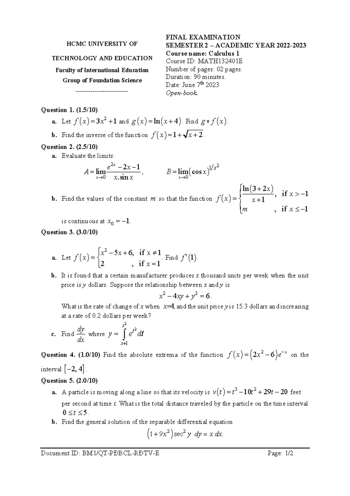 Calculus 1 Final Exam MATH132401E Semester 2 2022-2023 - Studocu