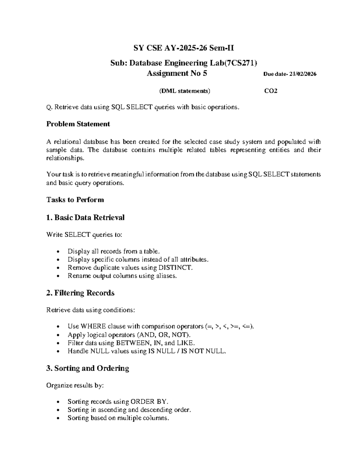 SY CSE 7CS271 Database Engineering Lab Assignment 5: SQL SELECT Queries - Studocu