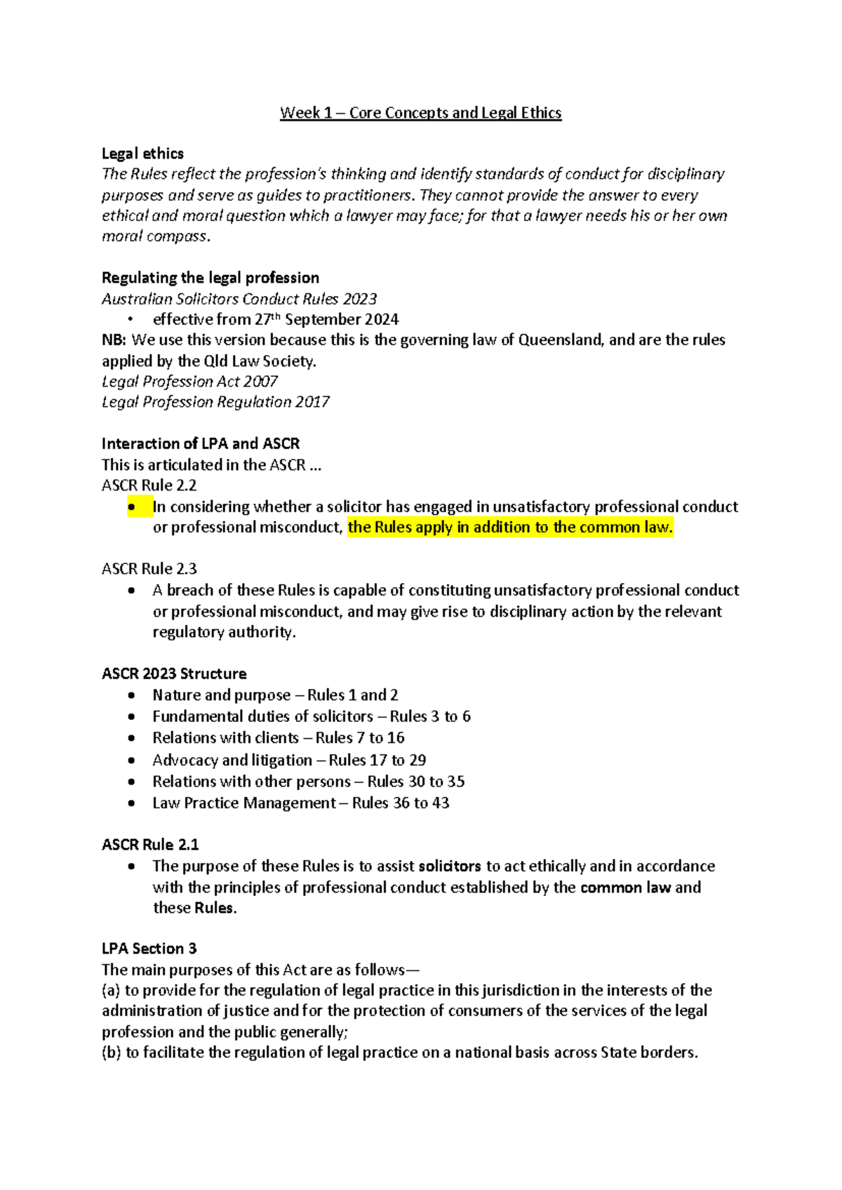 LLH302 Week 1-3 Legal Ethics & Core Concepts Notes 2024 - Studocu
