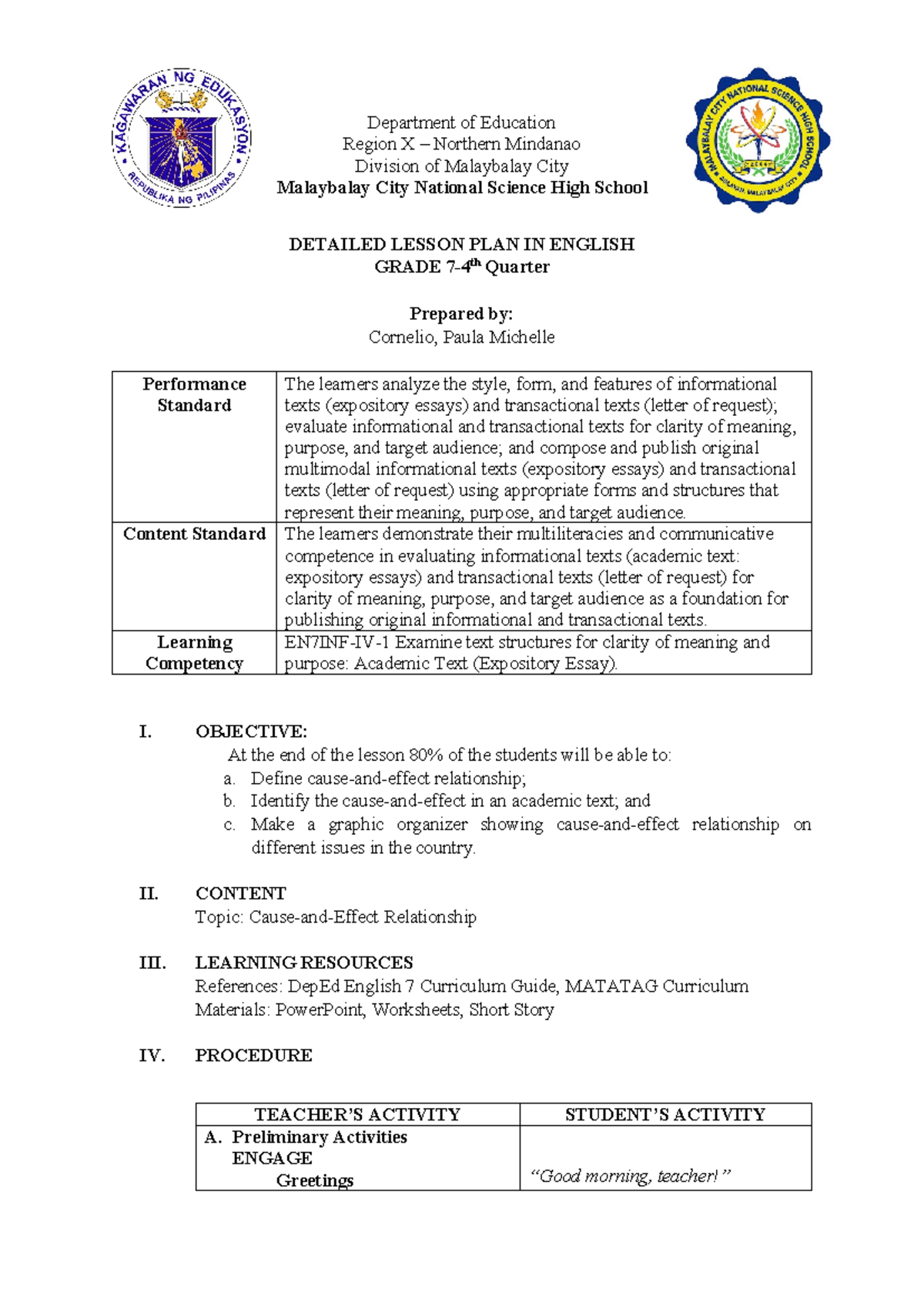 Detailed Lesson Plan in English Grade 7: Analyzing Informational Texts - Studocu
