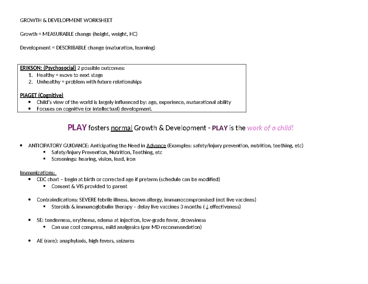 Growth & Development Worksheet: Key Concepts & Milestones - Studocu