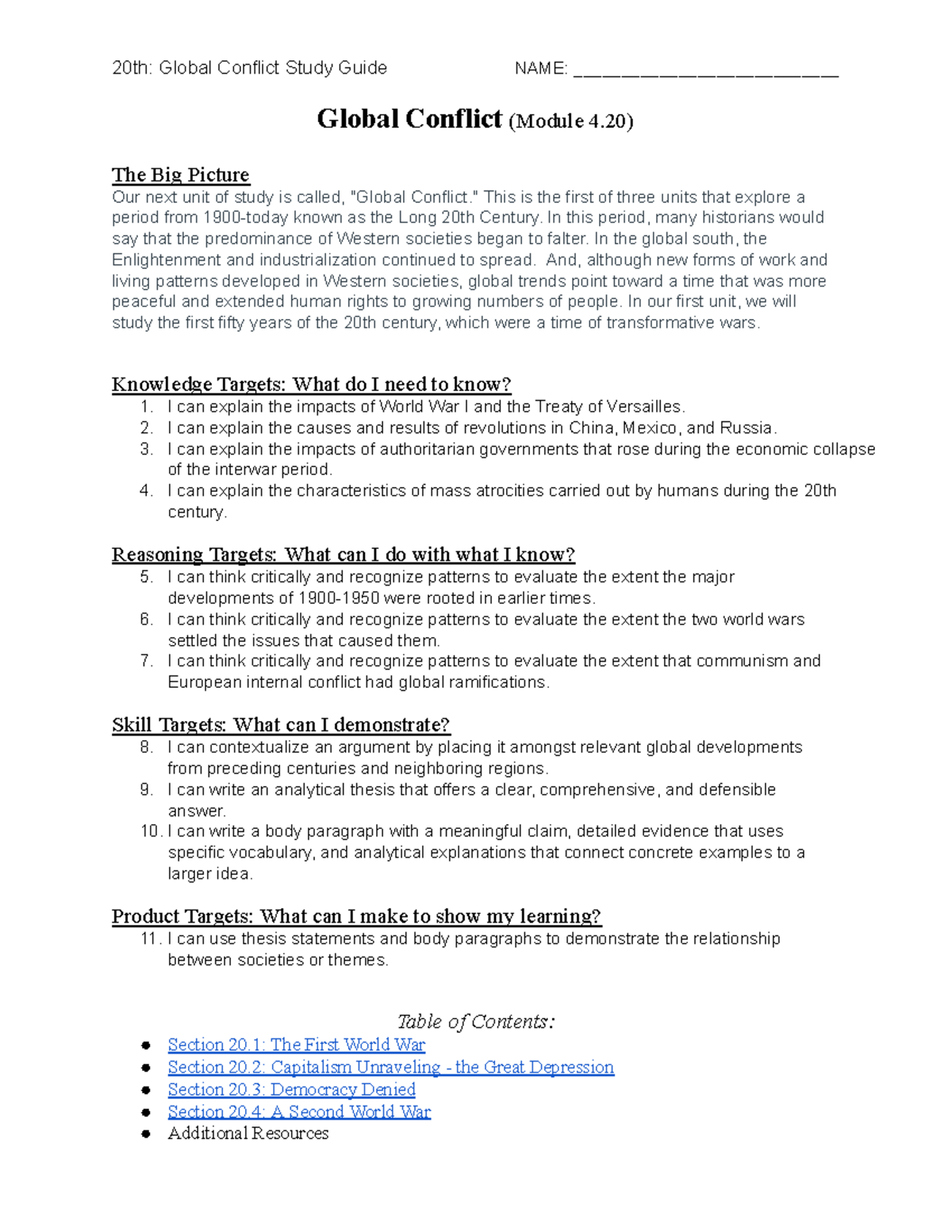 Global Conflict Study Guide: 20th Century Transformations (Module 4.20 ...