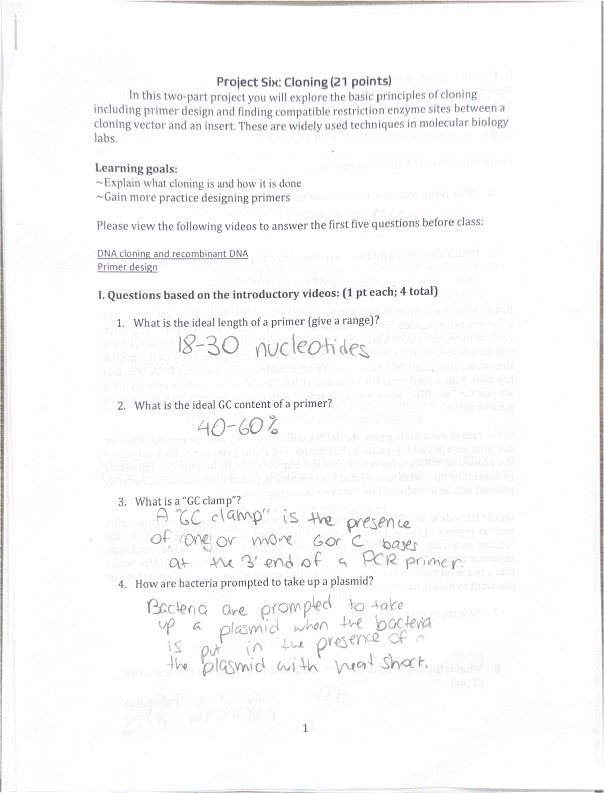 Project 6: Cloning Techniques and Primer Design (21 pts) - Studocu
