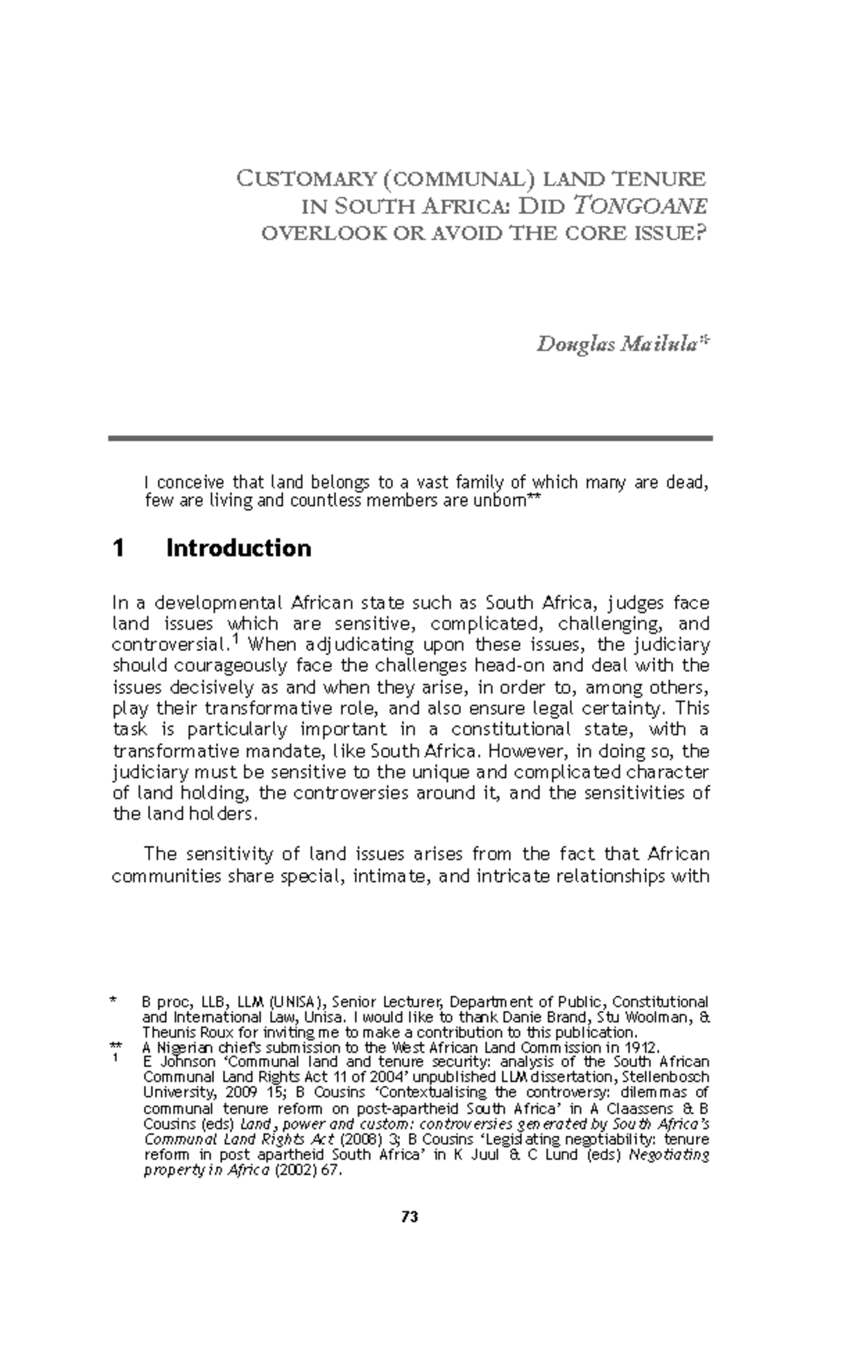 Customary Land Tenure in South Africa: A Critical Review of Tongoane ...
