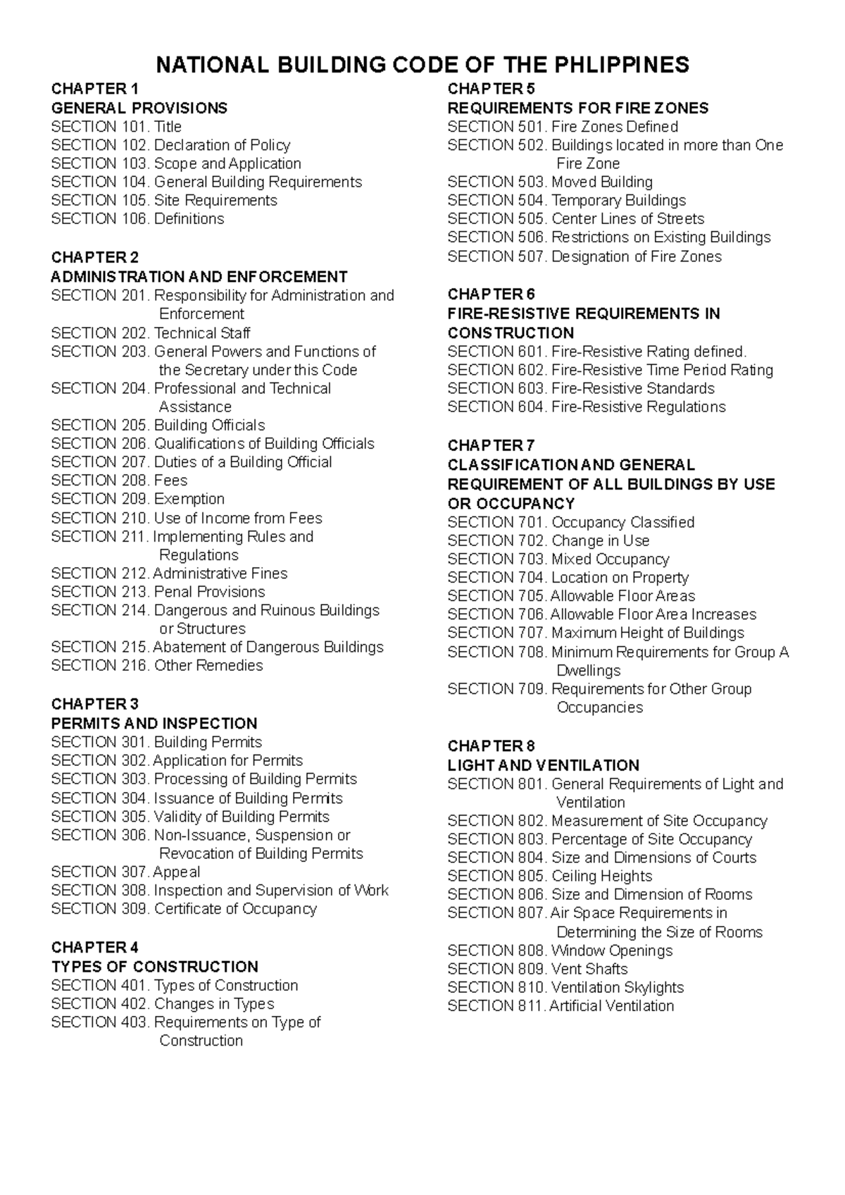 NBCP GB Chapter & Section Titles Overview for Building Codes - Studocu