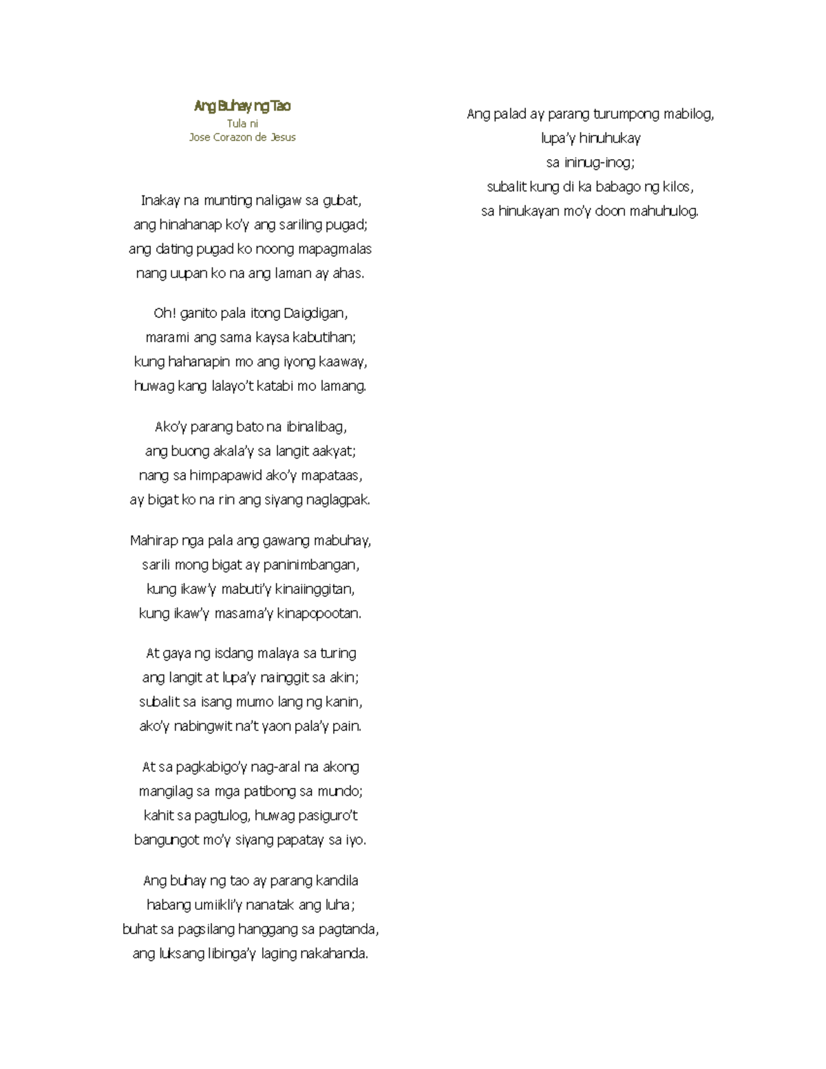 Pagbasa-tula - Feel free to read - Ang Buhay ng Tao Tula ni Jose ...