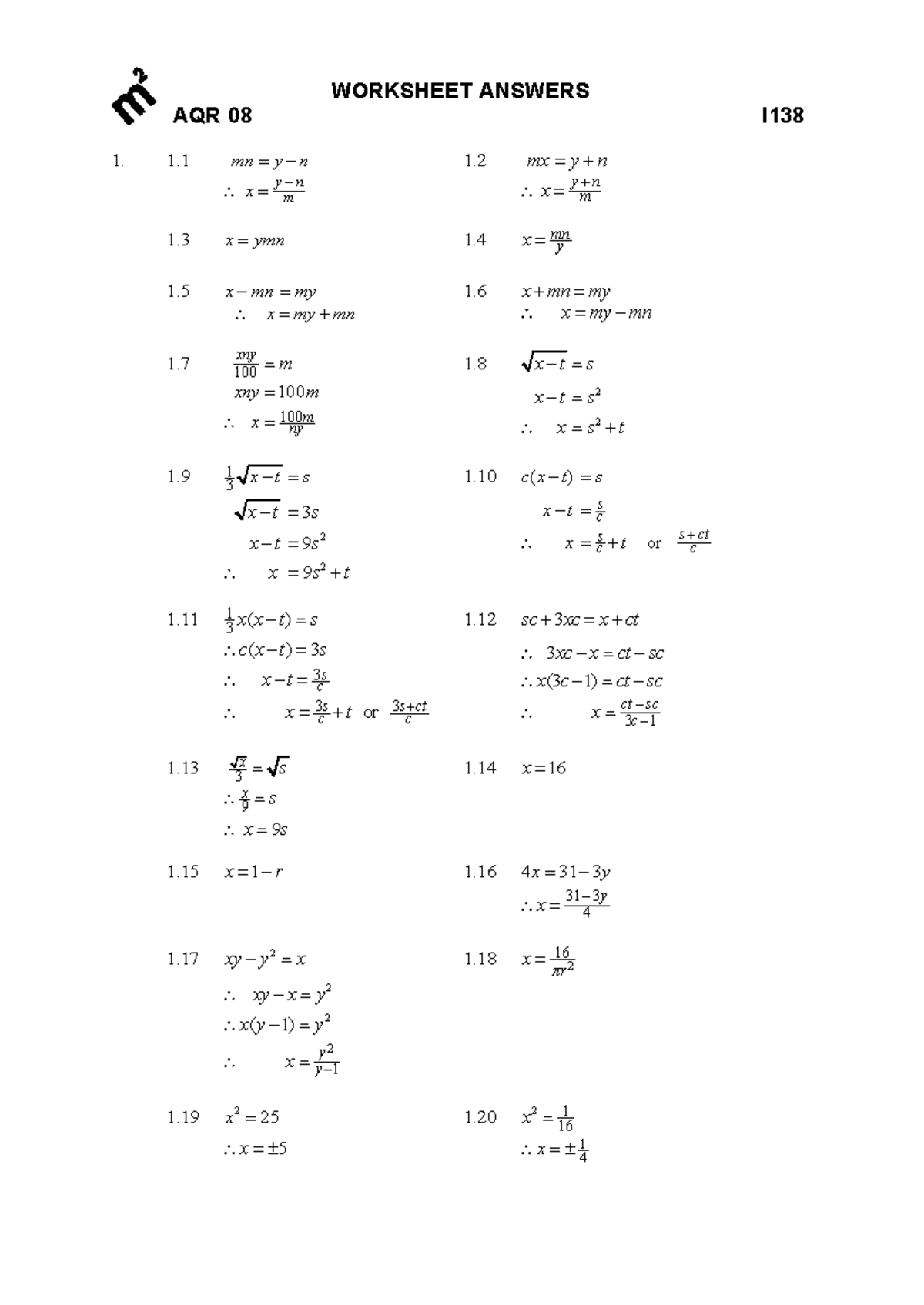 I138 Worksheet Answers for Algebra AQR 08 - Class Notes - Studocu